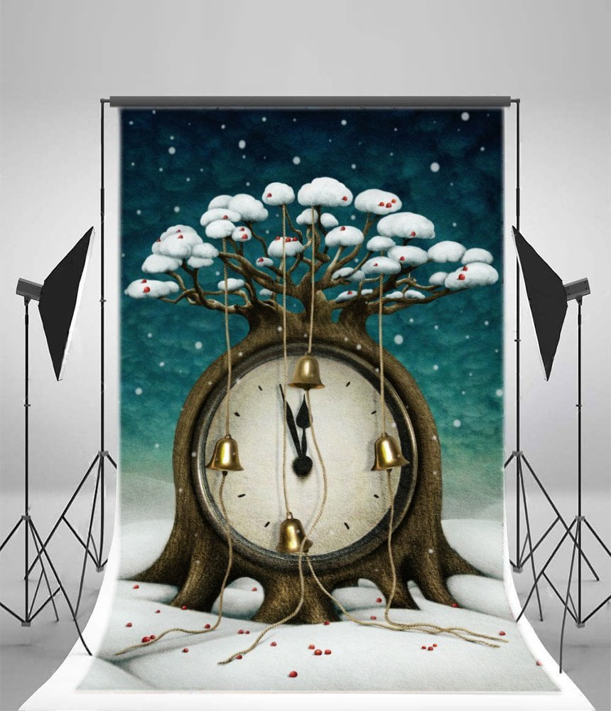 MOHome Tree Clock Backdrop 5x7ft Hanging Bells Winter Clouds ...