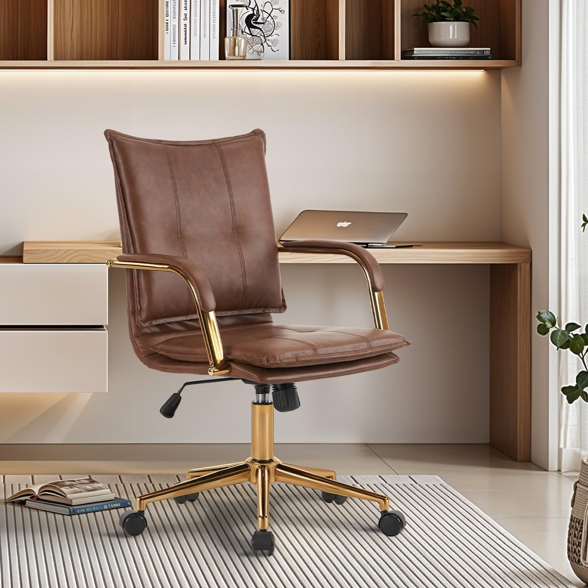 MOJAY Mid-Back Ergonomic Leather Office Desk Chair, Modern Upholstered ...
