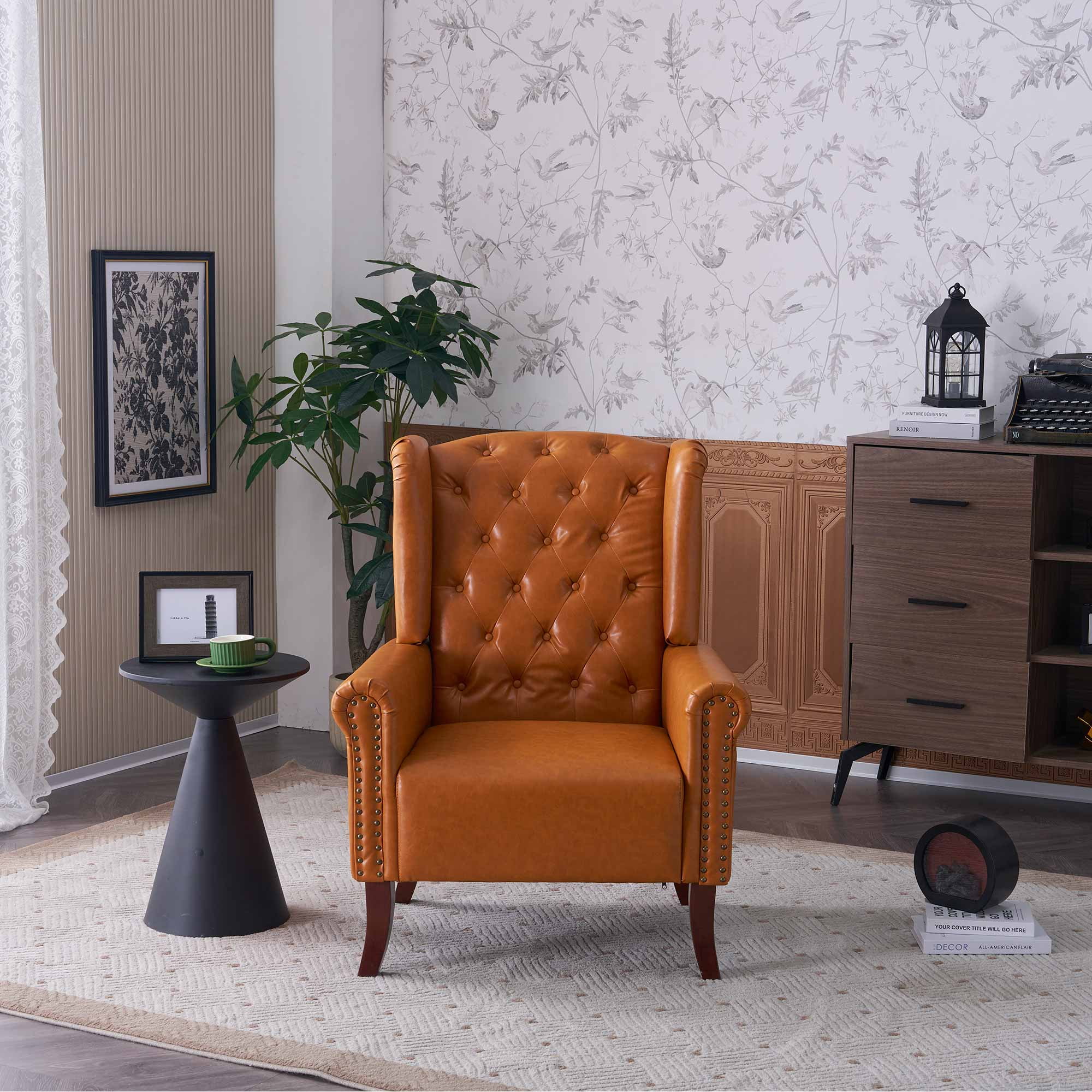 MOJAY Mid-Century Wingback Accent Chair with Nailhead Trim, PU Leather ...