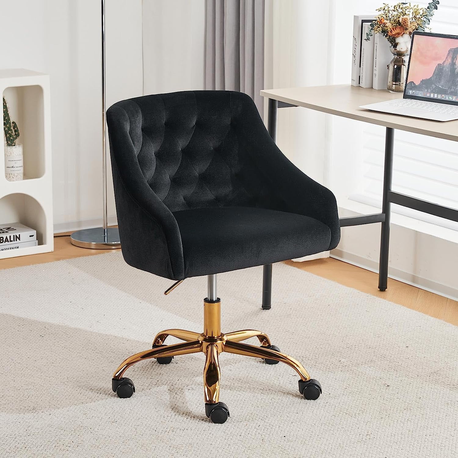 MOJAY Velvet Office Swivel Chair with Rolling Base & Arms, Adjustable ...