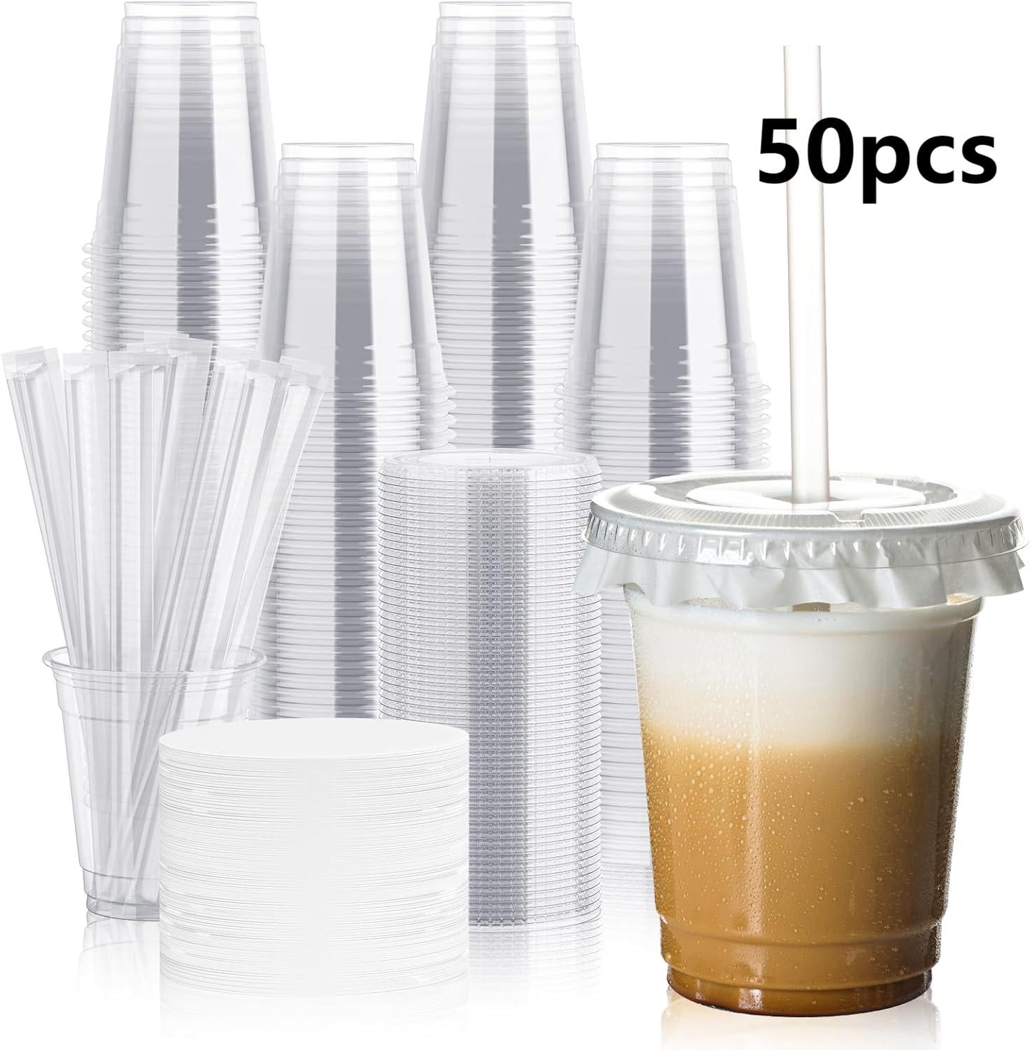 MOJINO 50 Pack 20 oz Clear Plastic Cups with Lids and Straws ...
