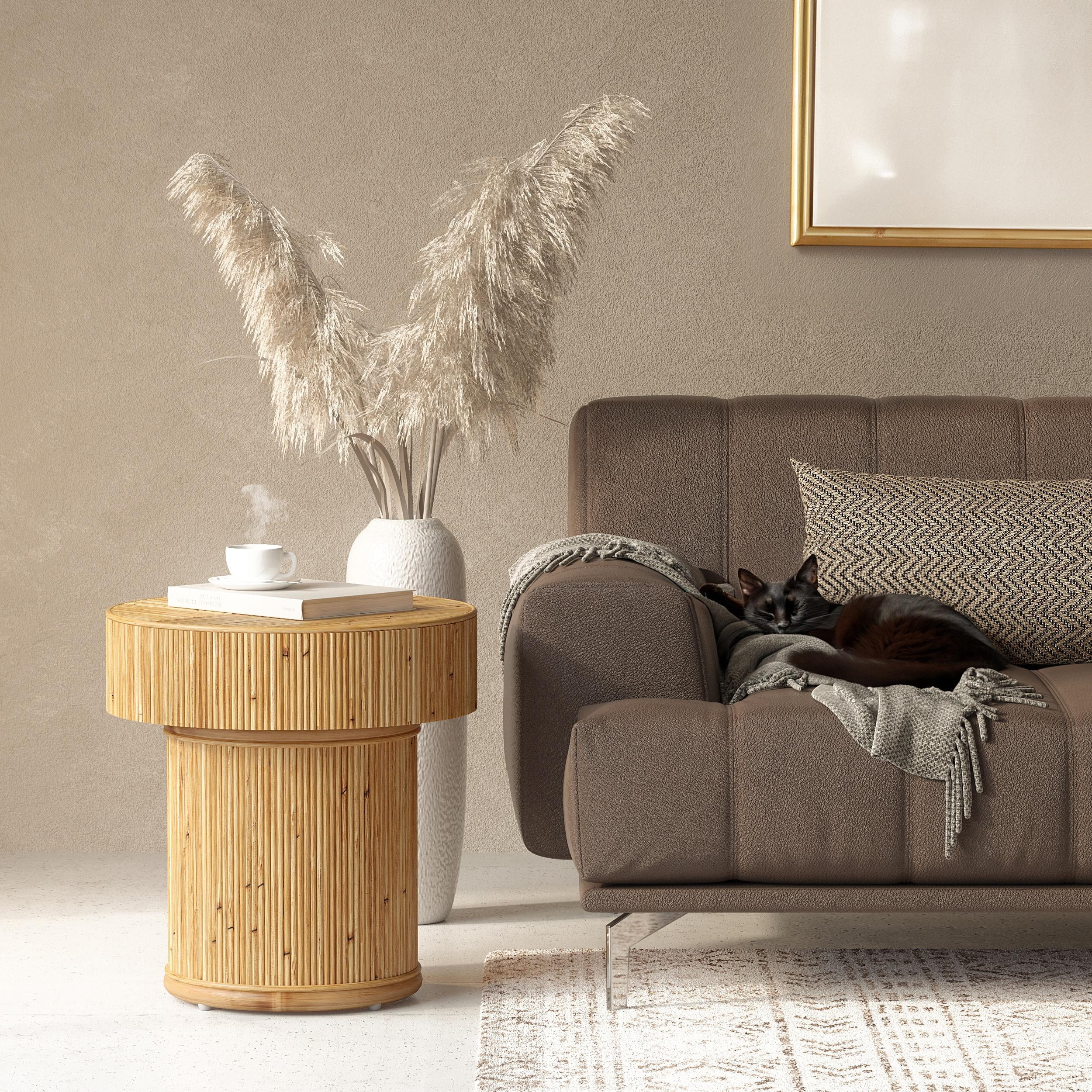 MOJO BOUTIQUE Rattan Round Table, Modern Unique Boho Block End Table ...