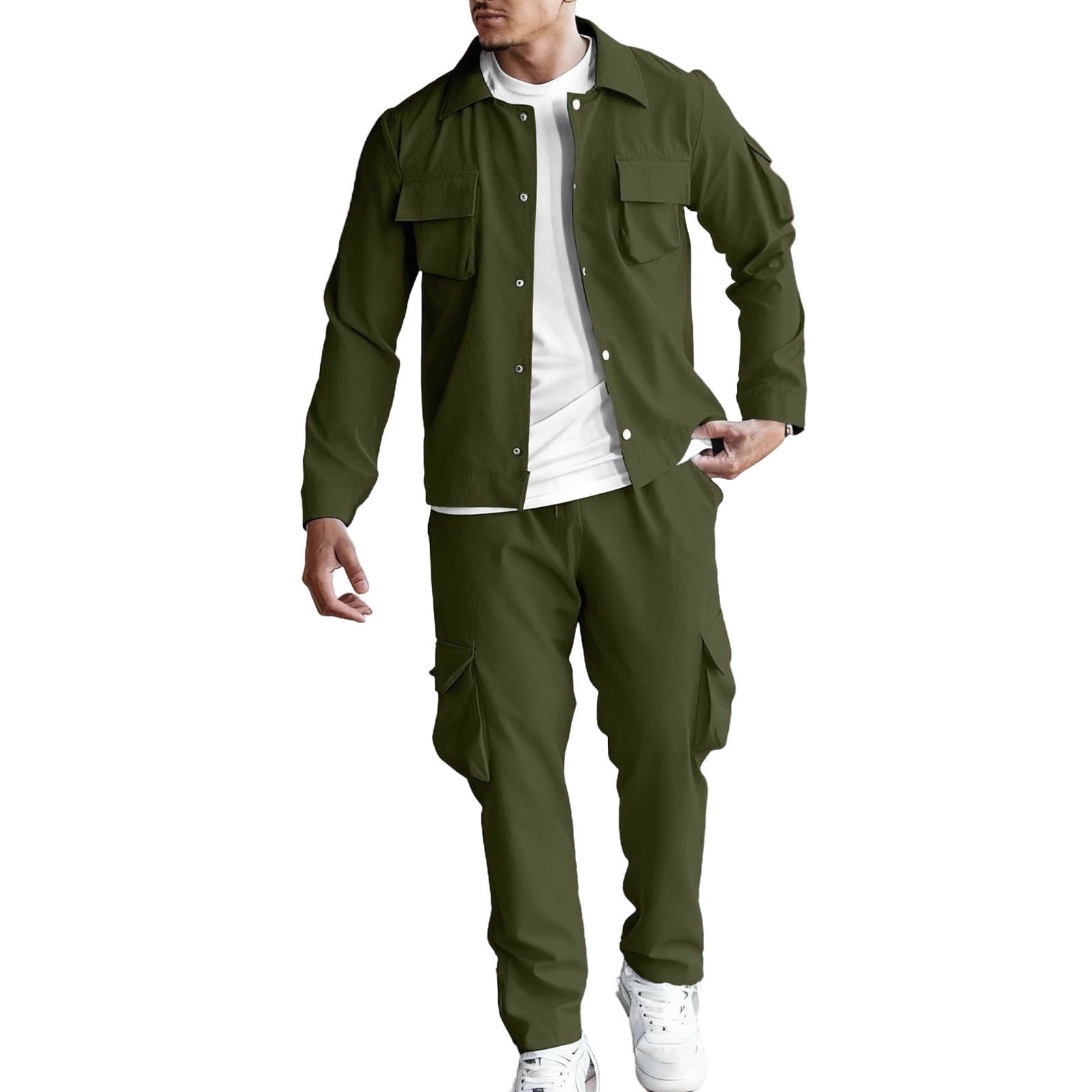 MOJOGO Casual 2 Piece Outfits Set for Men Solid Long Sleeve Button Down ...