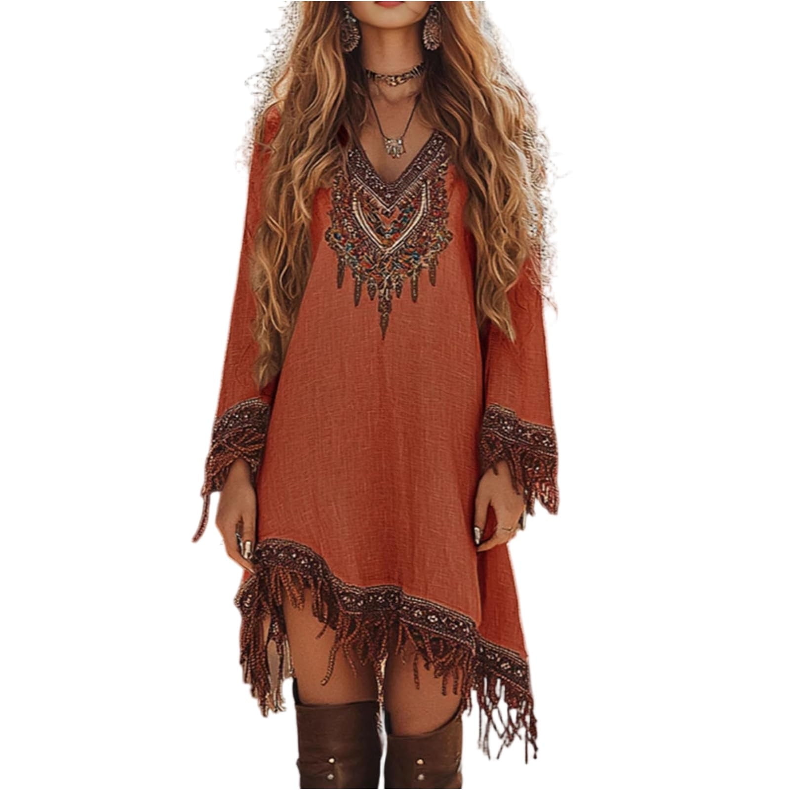 MOJOGO Embroidered Fringe Dresses for Women Loose V-Neck Long Sleeve ...