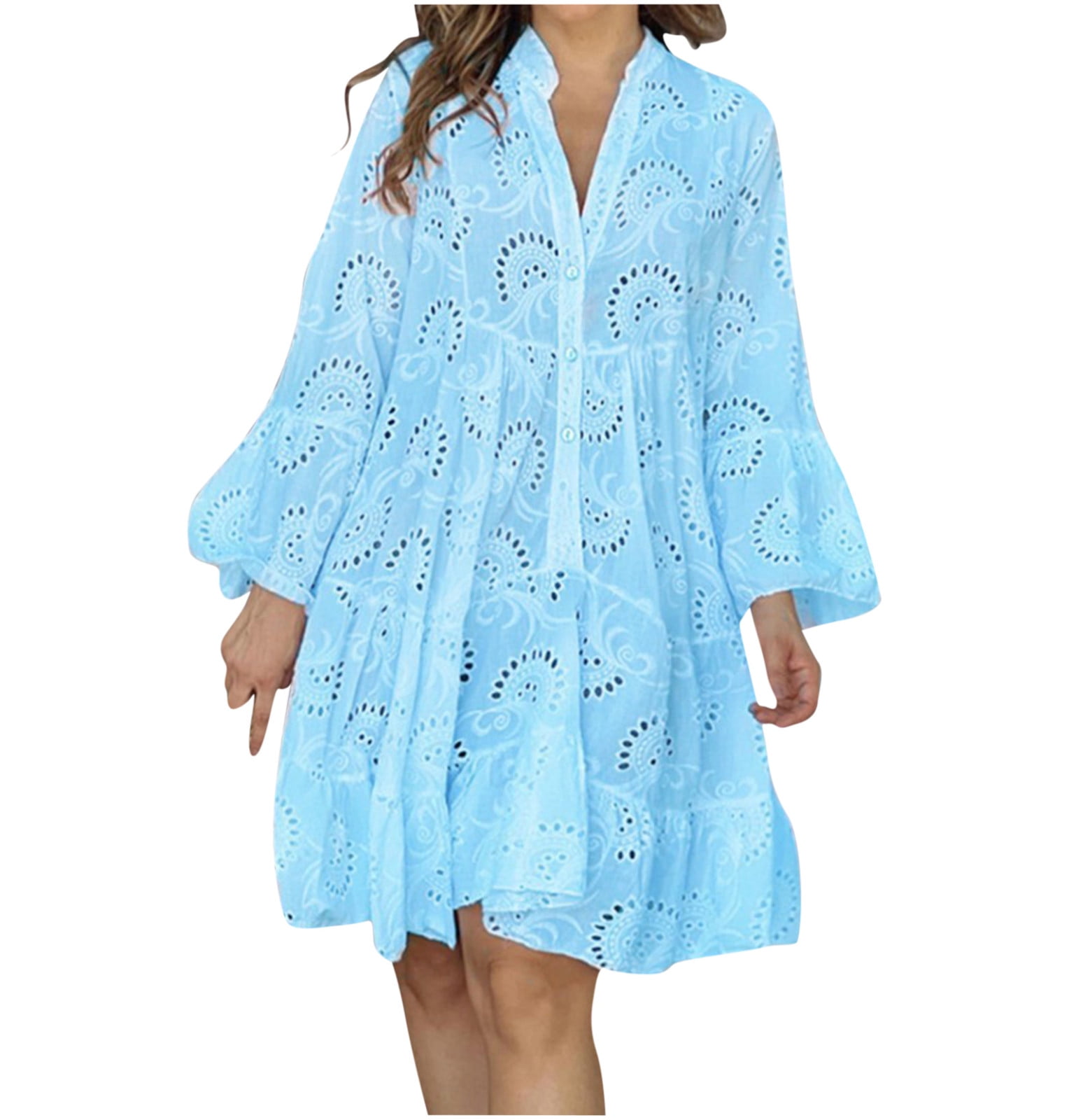 MOJOGO Spring Summer Dresses for Women Lace Puff Sleeve Lepal V-Neck ...