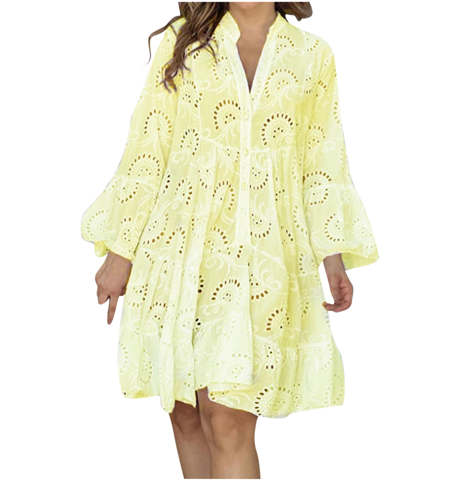 MOJOGO Spring Summer Dresses for Women Lace Puff Sleeve Lepal V-Neck ...