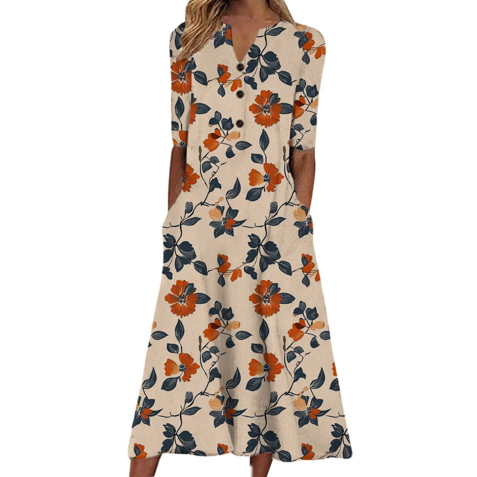 MOJOGO Women's Floral Dresses Casual V-Neck Short Sleeve Buttons Dress ...