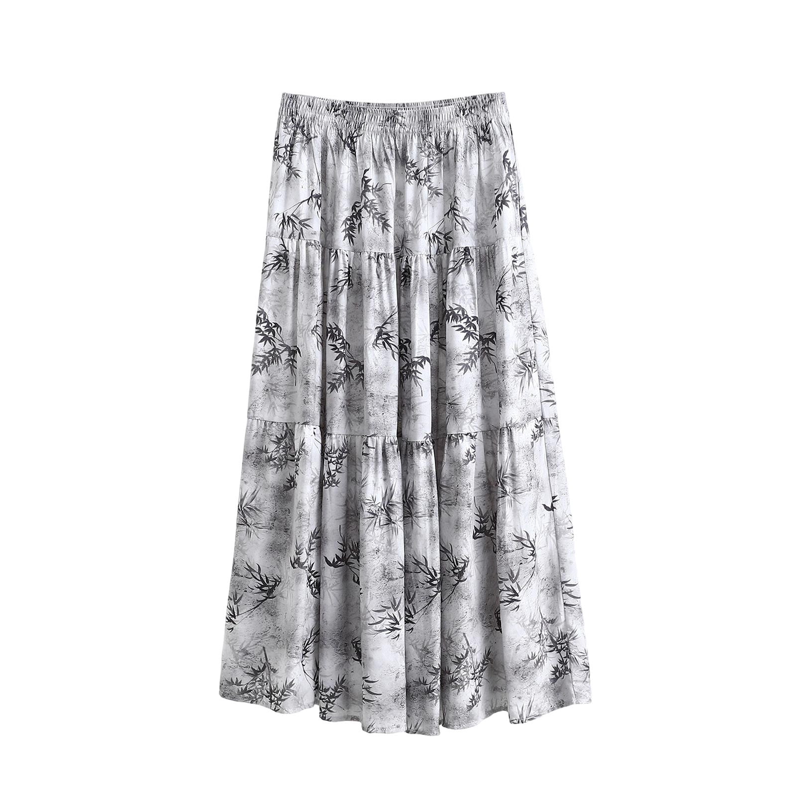 MOJOGO Women's Skirts Floral Print Tiered Maxi Skirt Elastic High Waist ...