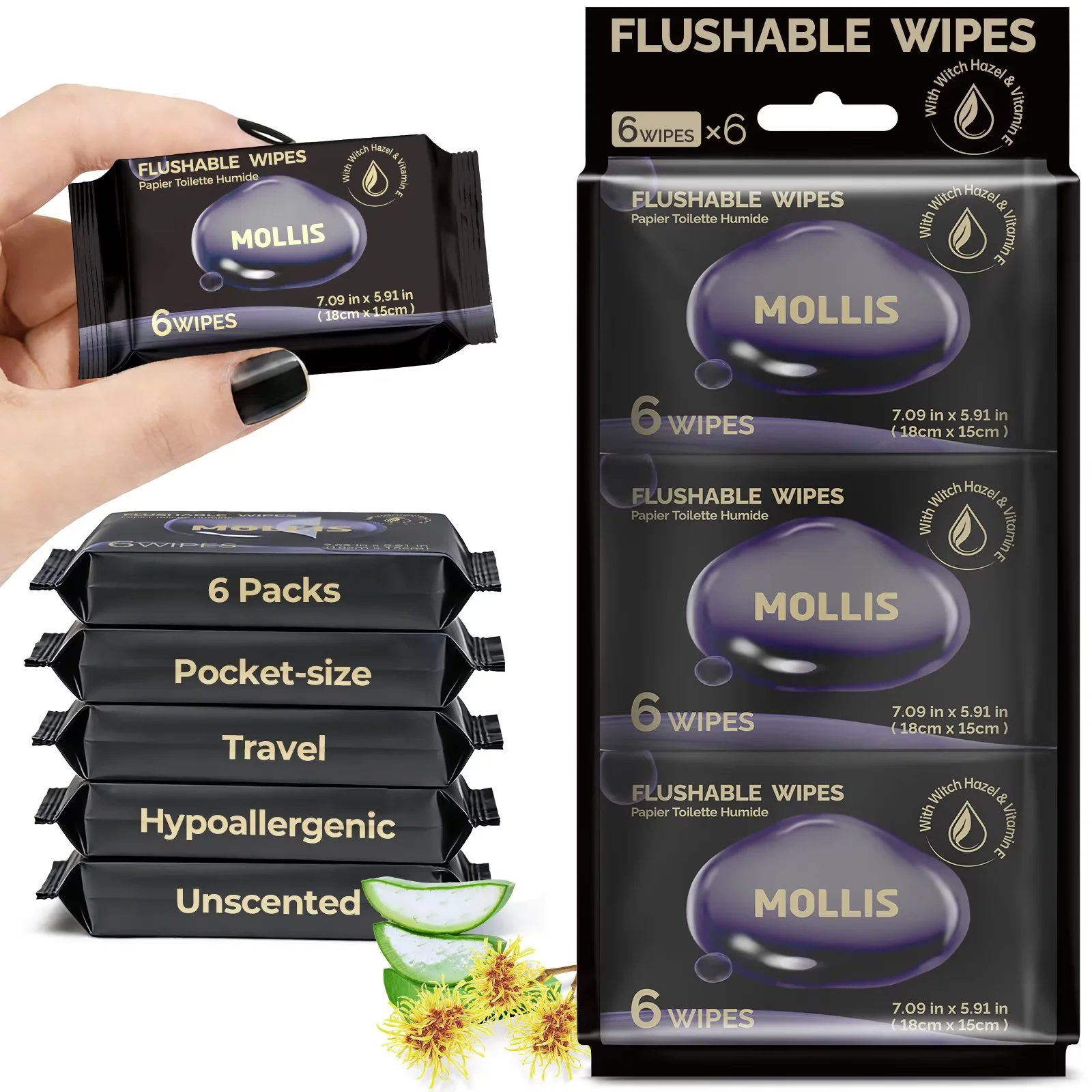 MOLLIS Flushable Wipes for Adults, Travel Size Unscented Wet Wipes, On ...