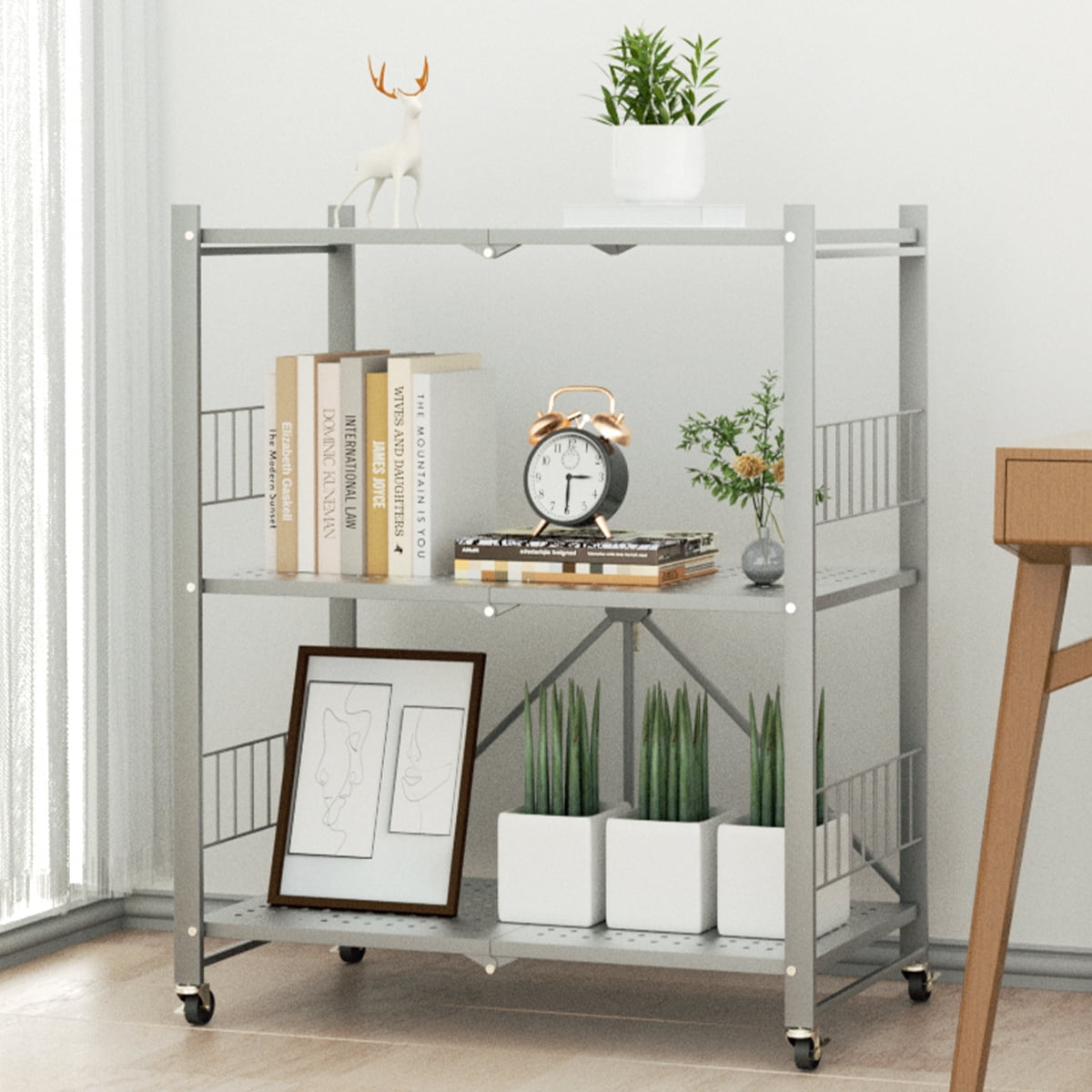 MOLYHOM Folding Storage Shelves, 3-Tier Metal Shelves with Wheels ...