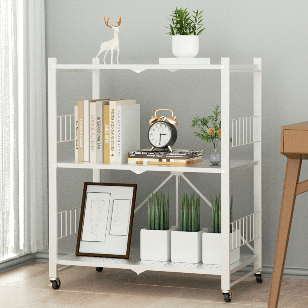 MOLYHOM Folding Storage Shelves, 3-Tier Metal Shelves with Wheels ...
