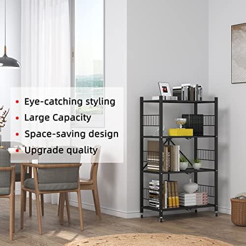 MOLYHOM Folding Storage Shelves, 3-Tier Metal Shelves with Wheels ...