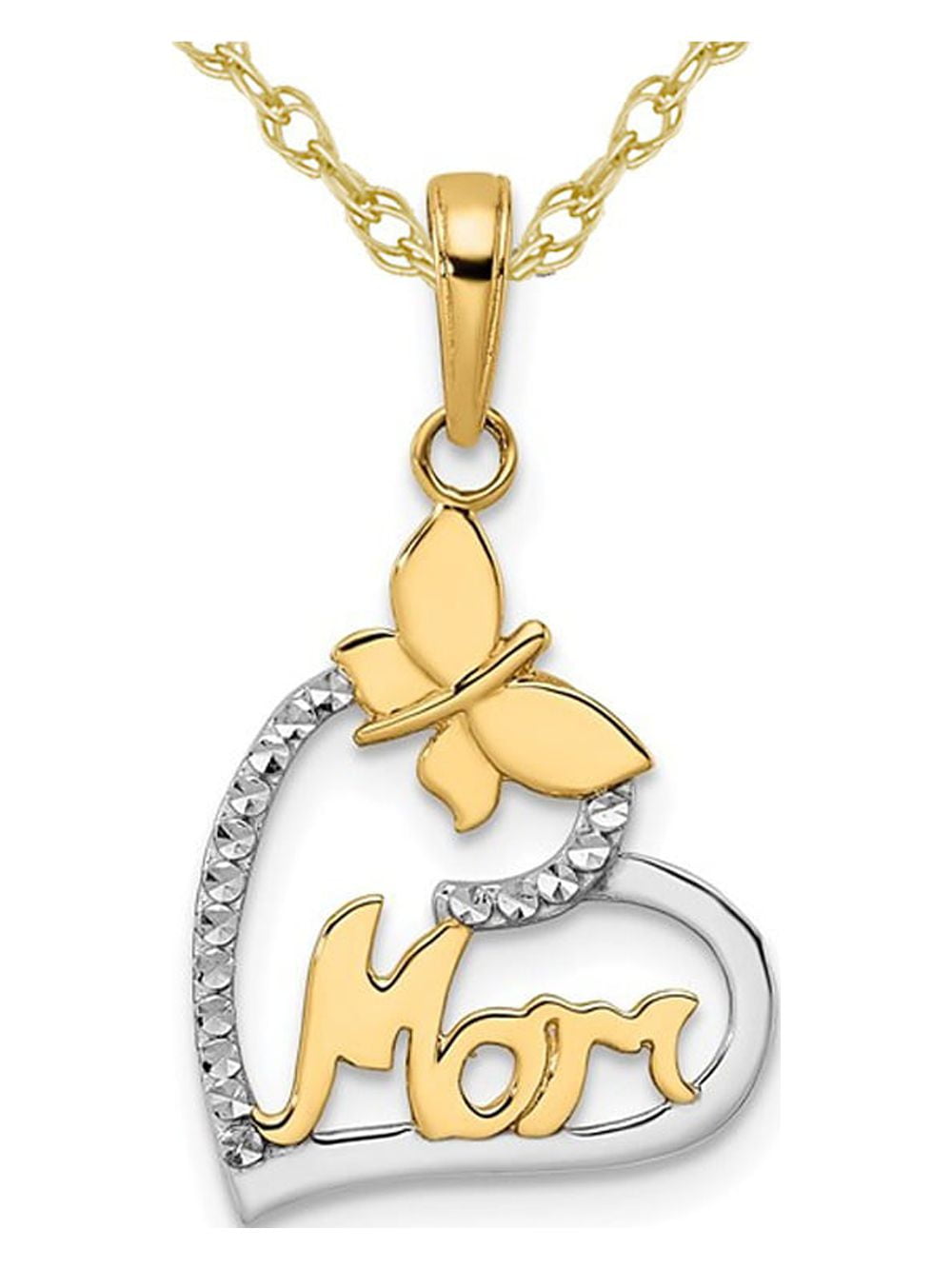 MOM Heart with Butterfly Pendant Necklace in 14K Yellow Gold with Chain ...