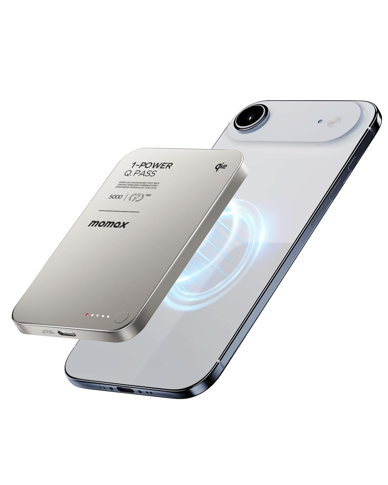 MOMAX Q.Pass Magnetic Power Bank, 5000mAh Slim Portable Charger Qi2 ...