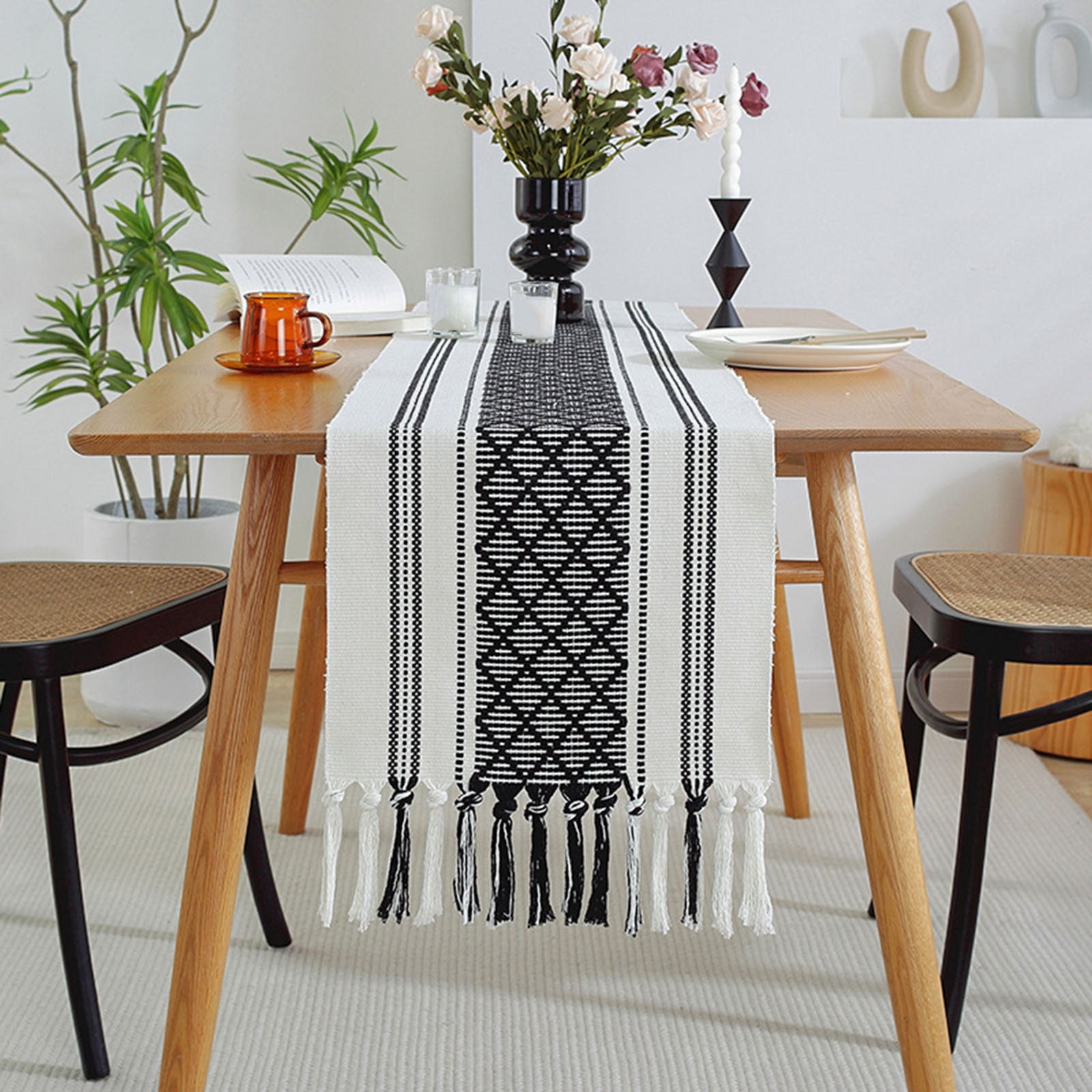 MOMKER Clearance!Table Cloth,Table Runner With Fringe Black & Woven ...