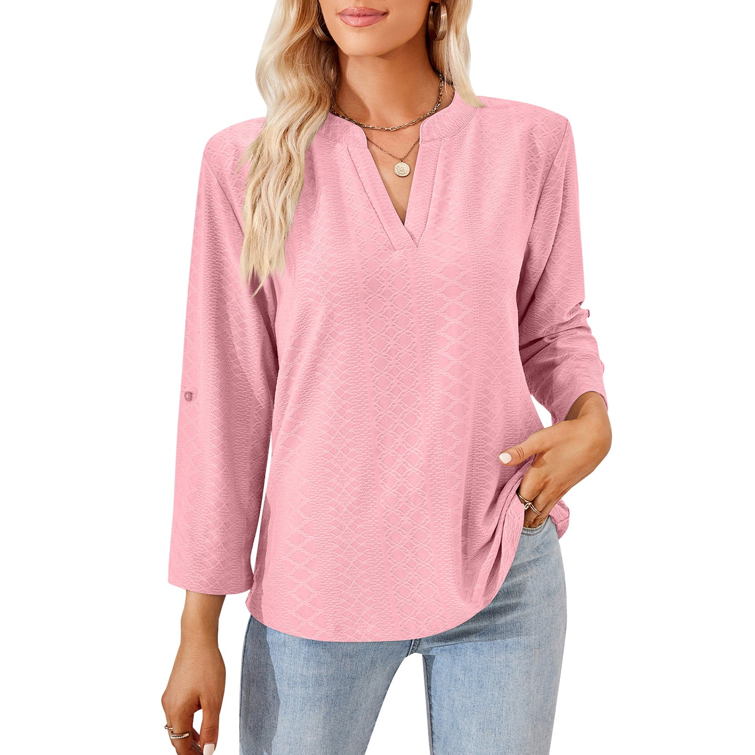 MOMOFEEL Long Sleeve Shirts for Women 3/4 Sleeve Loose Blouses V-neck ...