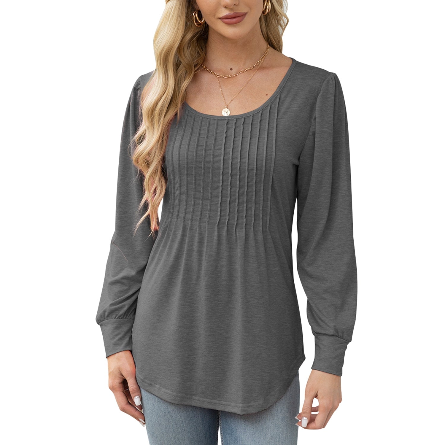 MOMOFEEL Pleated Blouses for Women Puff Long Sleeve Tunic Tops Dressy ...