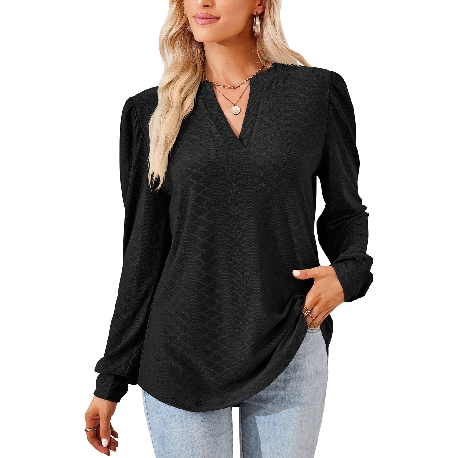 MOMOFEEL Womens Tops Puff Long Sleeves Tunic Tops Casual Loose Blouse V ...