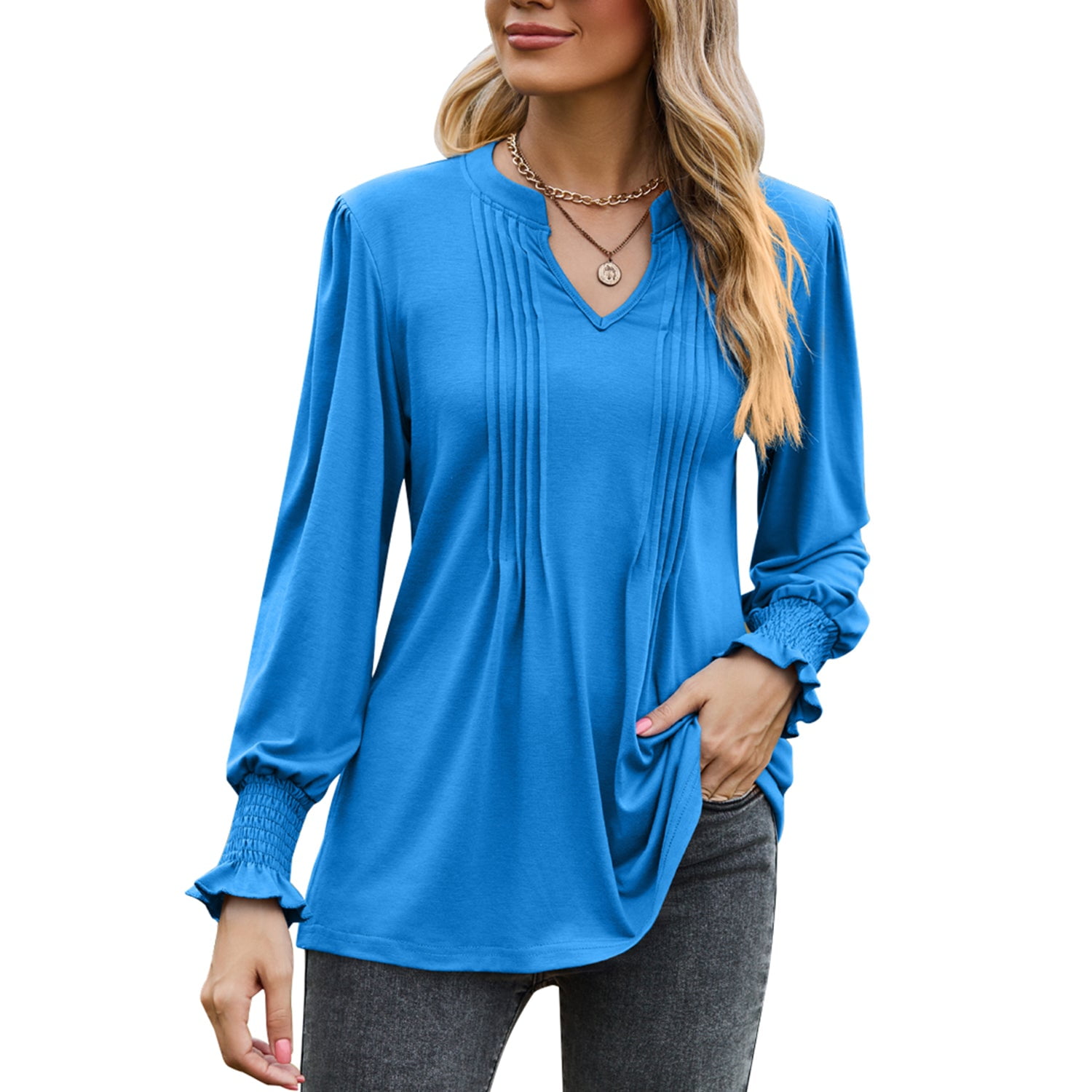 MOMOFEEL Womens Tunic Tops Puff Long Sleeve Blouses Loose Fit Pleated V ...