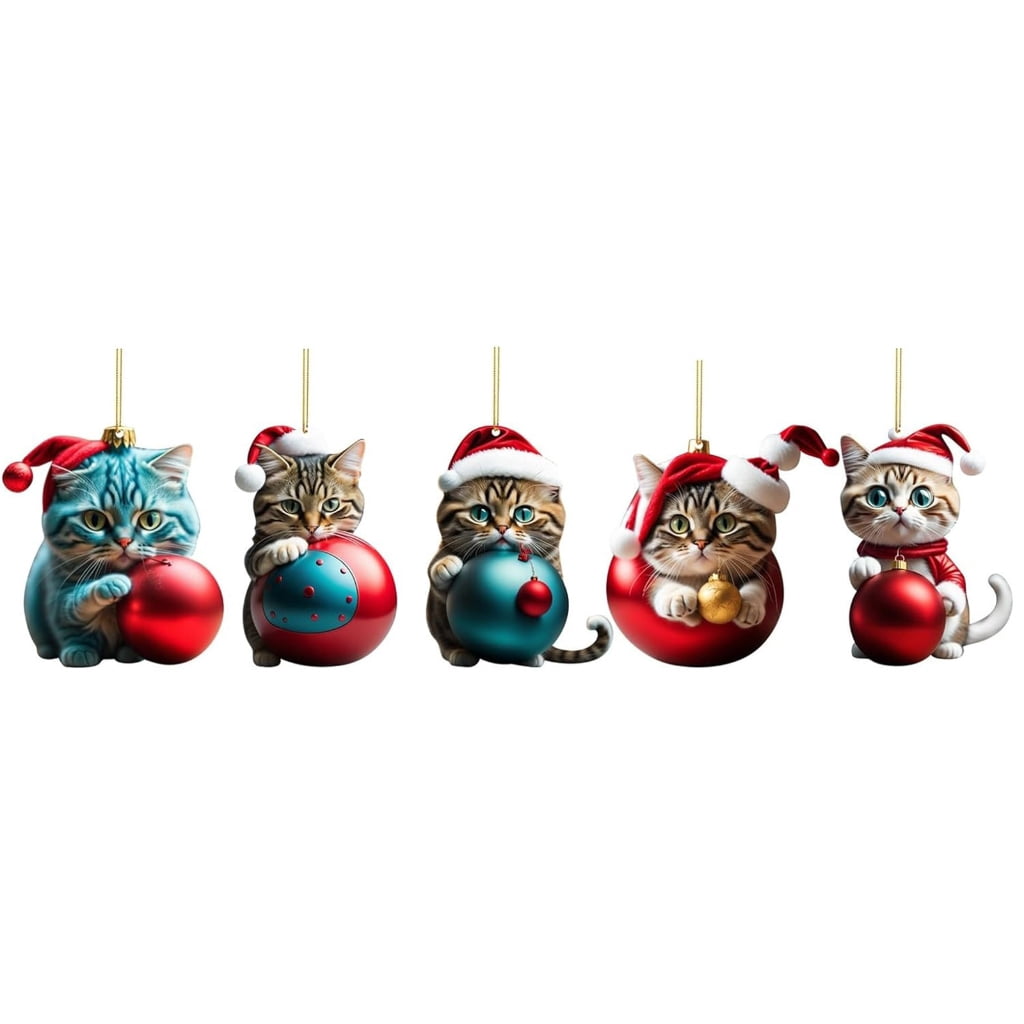 MOMOJIA 2D Acrylic Cat Christmas Tree Ornaments Set of 10 Funny Cat ...