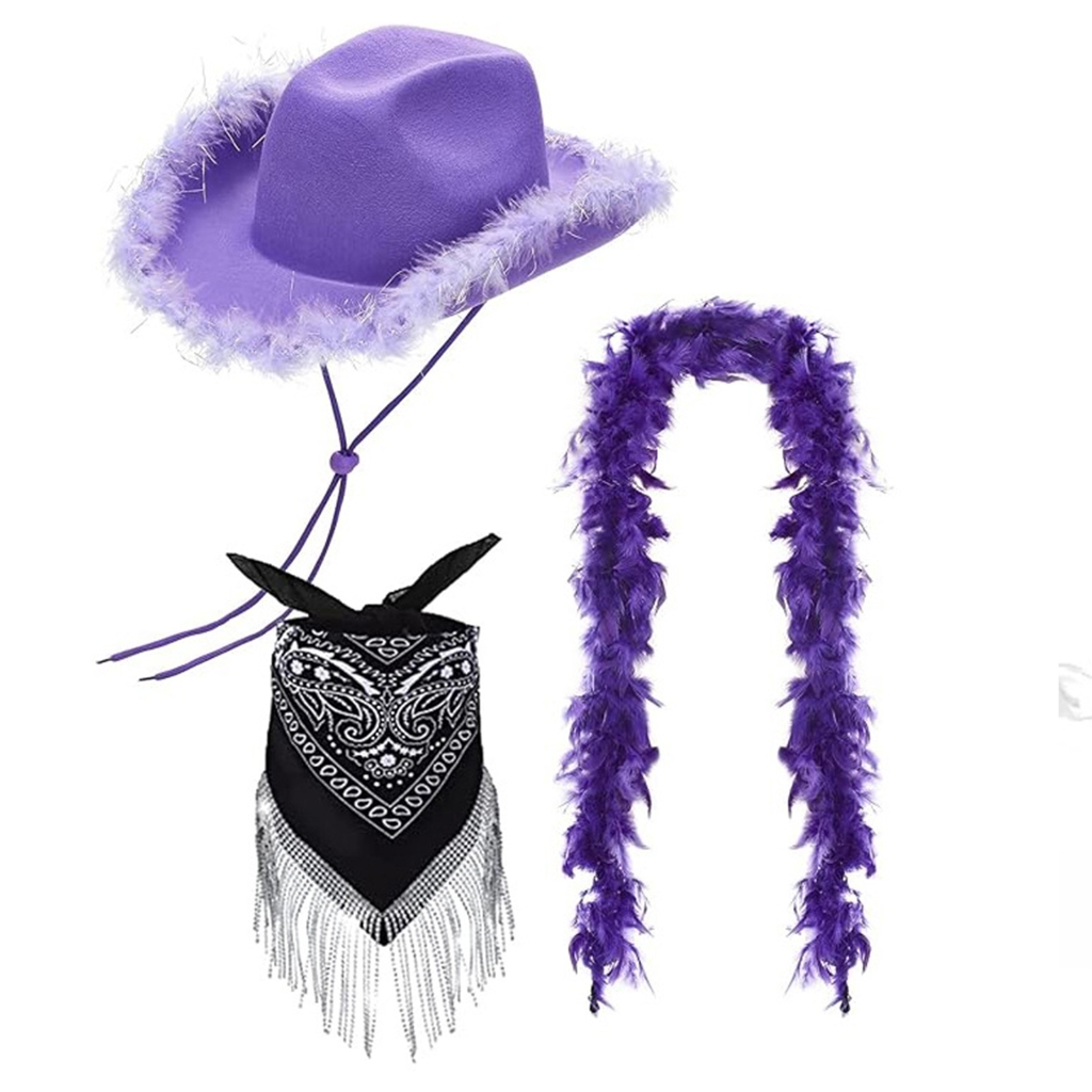 MOMOJIA 3pcs Carnivals Cowgirl Hat with Long Boas Fringe Kerchief Set ...