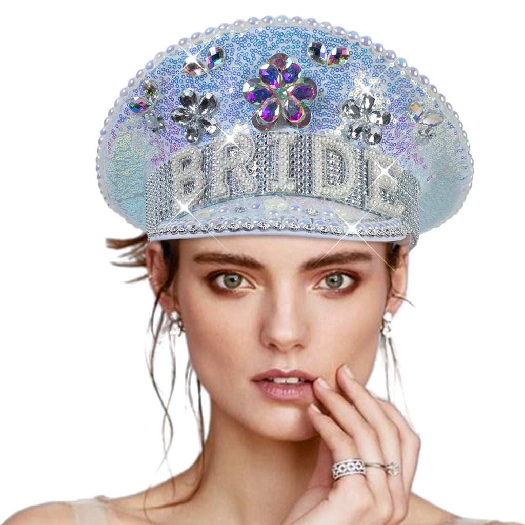 MOMOJIA Beaded Sequins Captain Hat Shimmering Crystal Hat for Bride ...
