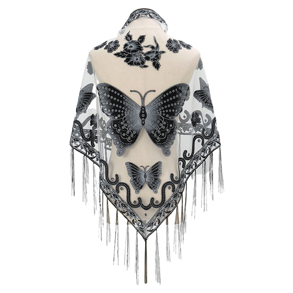 MOMOJIA Butterfly Embroidered Shawl And Wrap Triangle Scarf Sheer Shawl ...