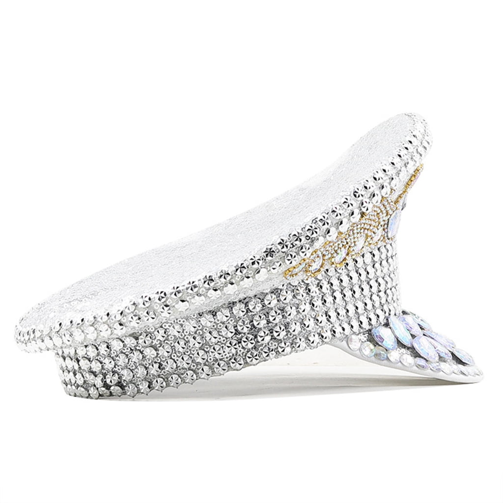 MOMOJIA Crystal Studded Captain Hat Sparkling Sequins Flat Top Hat ...