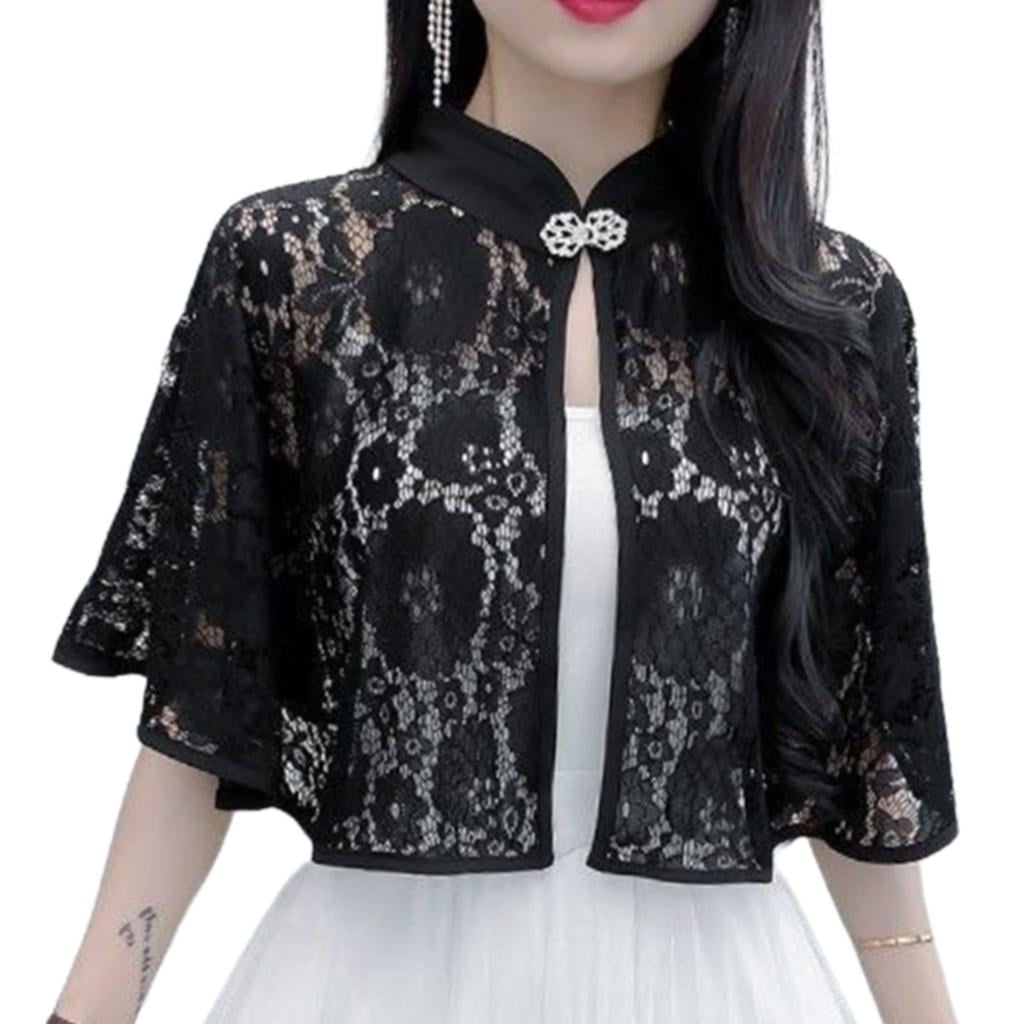 MOMOJIA Elegant Crocheted Open Front Coat Ventilated Sheer Capelet ...