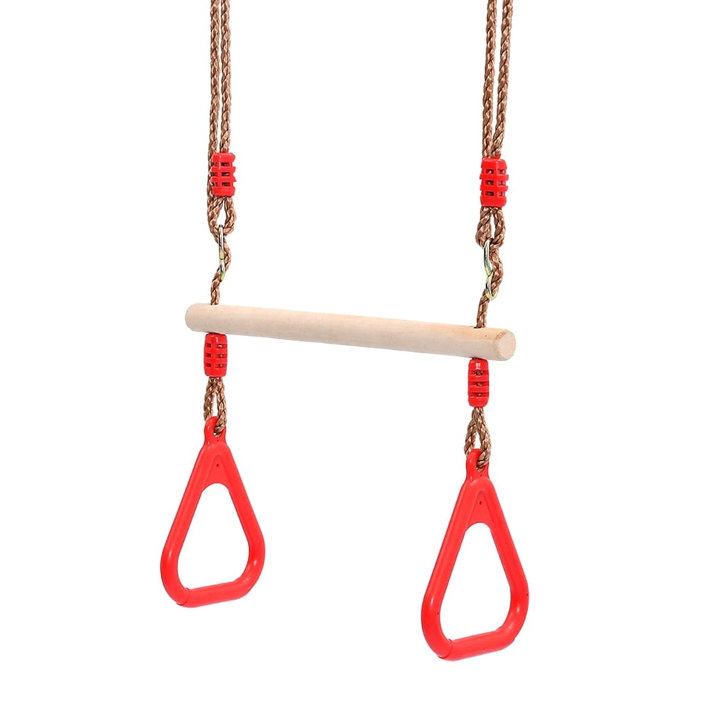 MOMOJIA Kids Indoor Outdoor Wooden Trapeze Swing Bar with Plastic Rings ...
