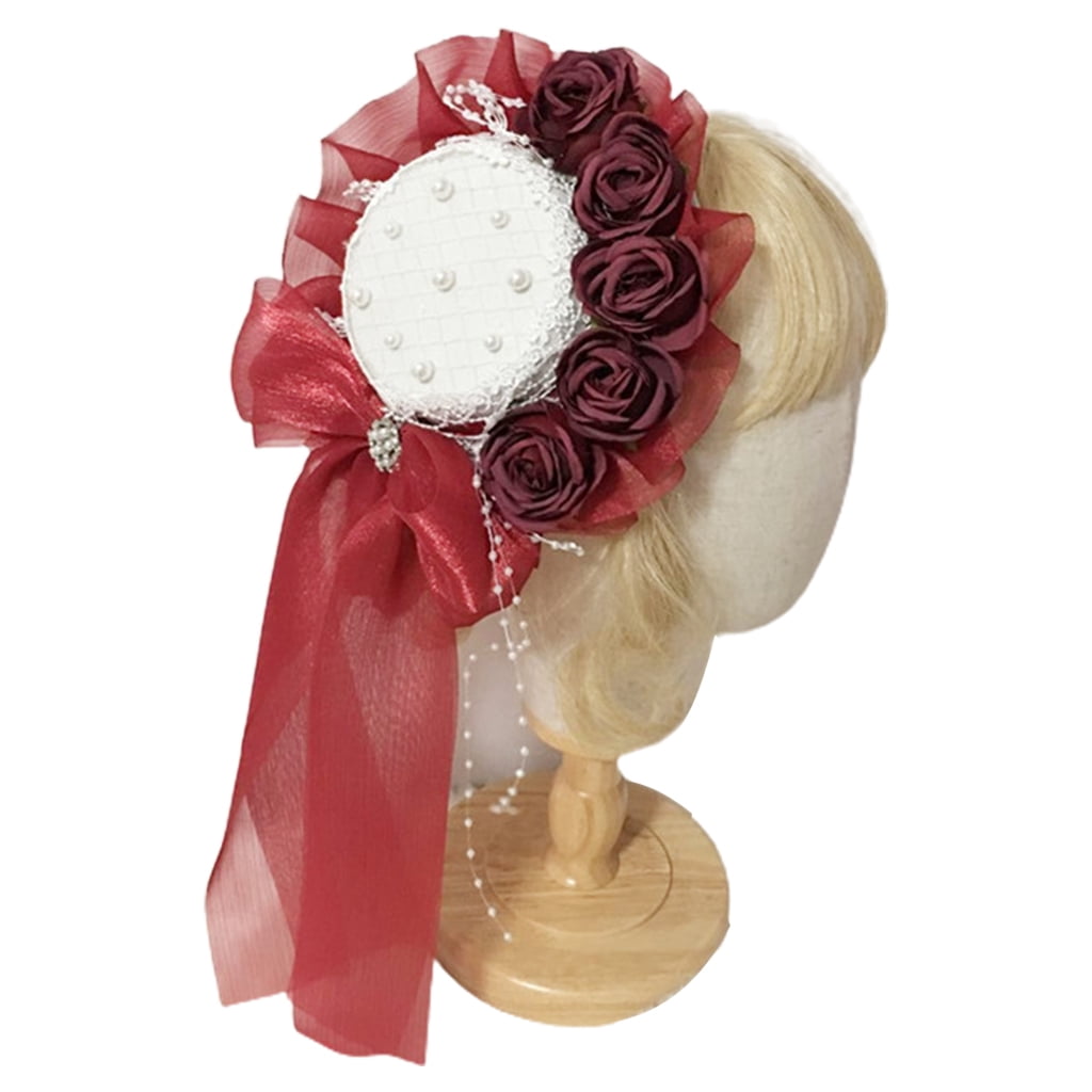 MOMOJIA Lolita Pearl Beaded Mini Lace Top Hat Rose Flower Ribbon Bow ...