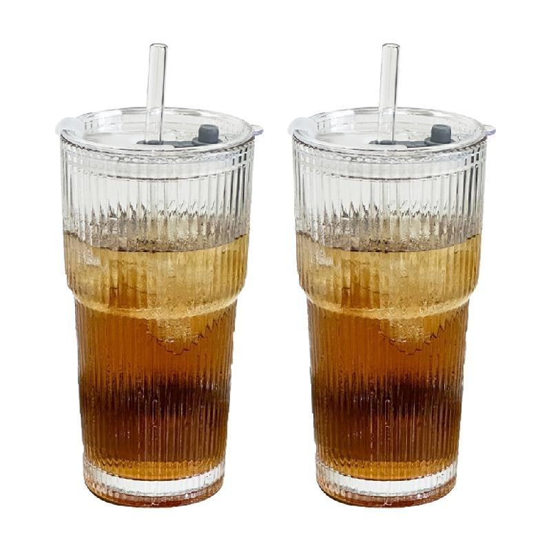 MOMOJIA Pack of 2 600ml Two Wall Glass Cups with Lid and Straw , Practical Cold Drink Container ...
