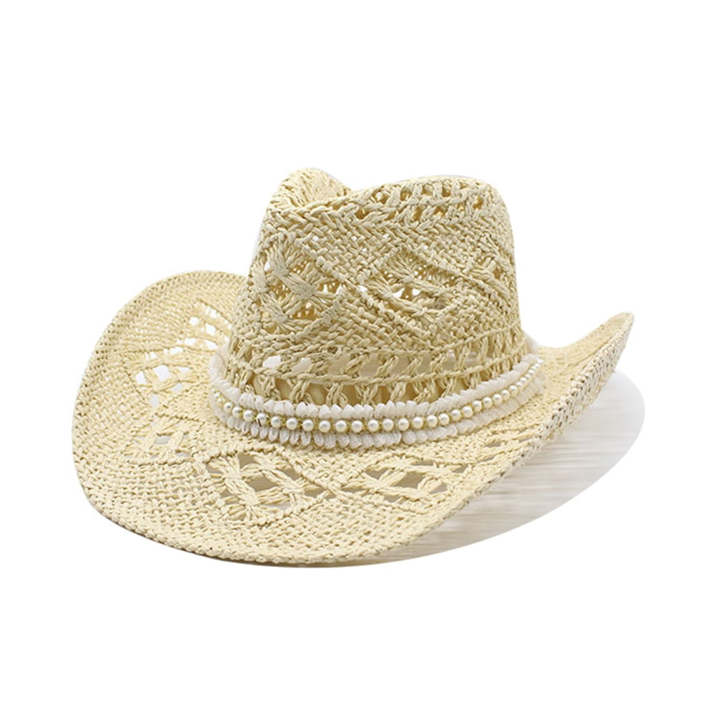 MOMOJIA Pearls Cowboy Hat Wide Brim Top Hat Hollow Out Straw ...