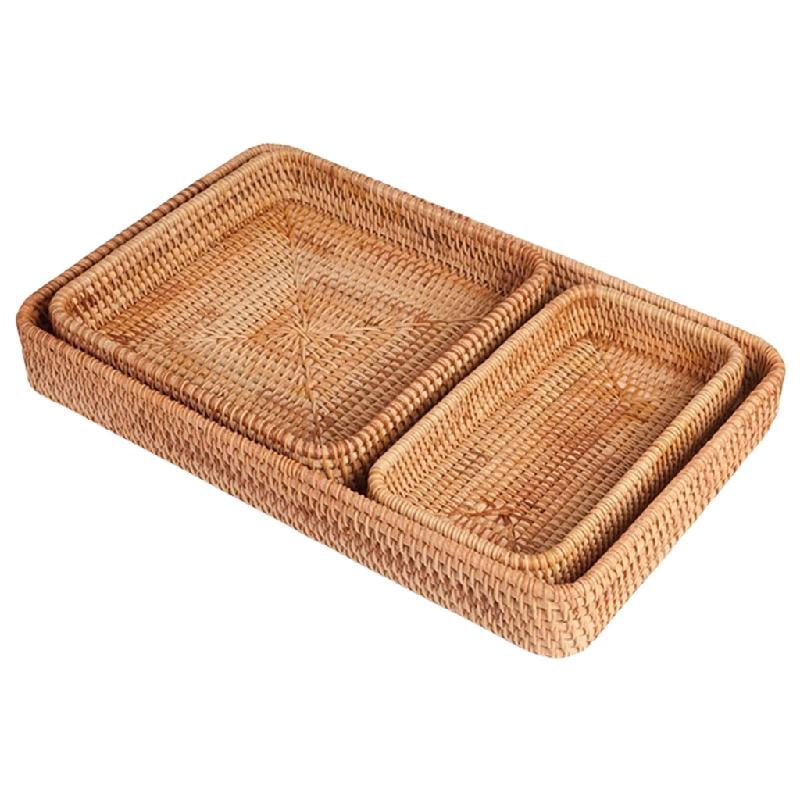 MOMOJIA Rectangular Woven Rattan Serving Trays Set of 3 Multiuse ...