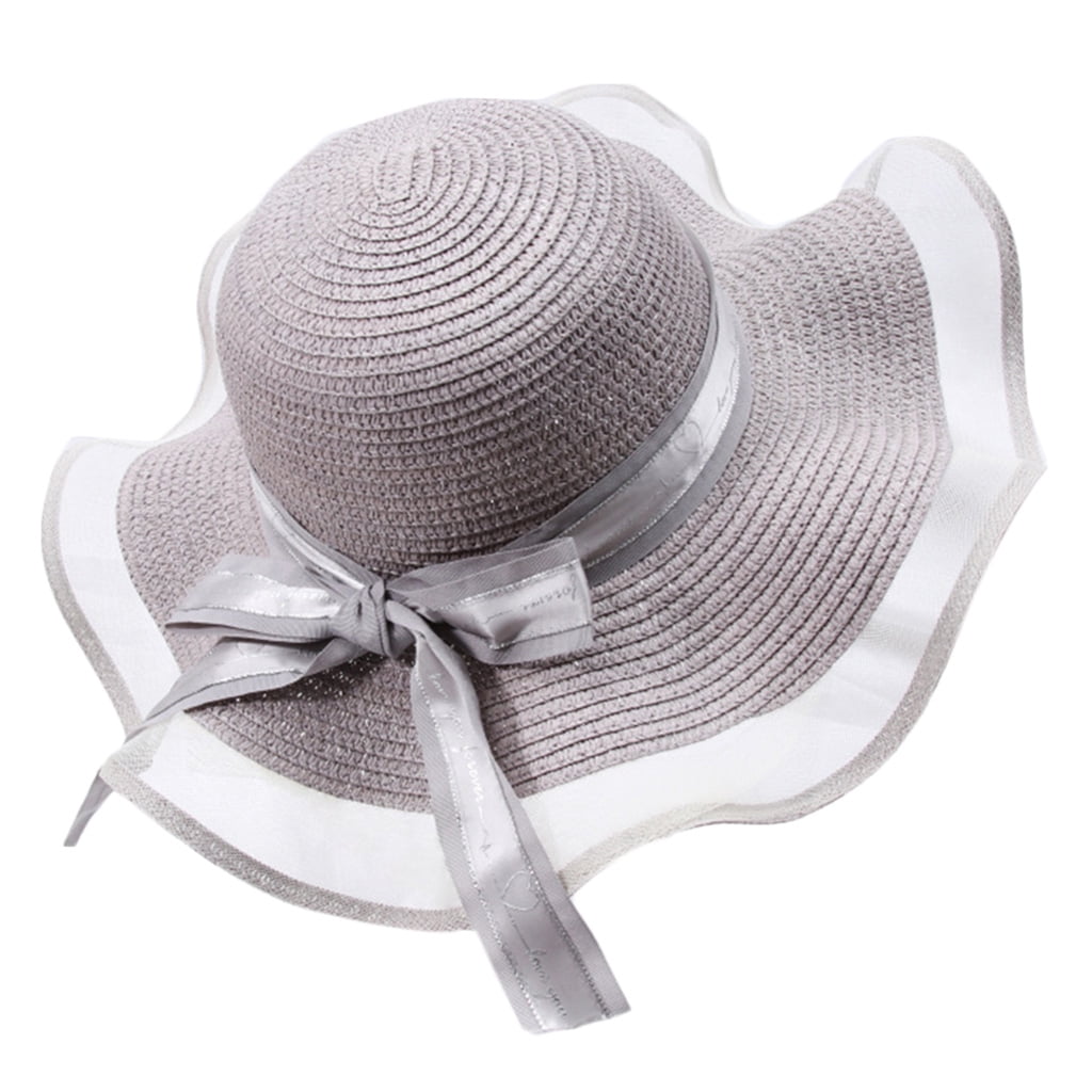 MOMOJIA Women Straw Floppy for Sun Hat Mesh Wavy Wide Brim Ribbon Bow ...