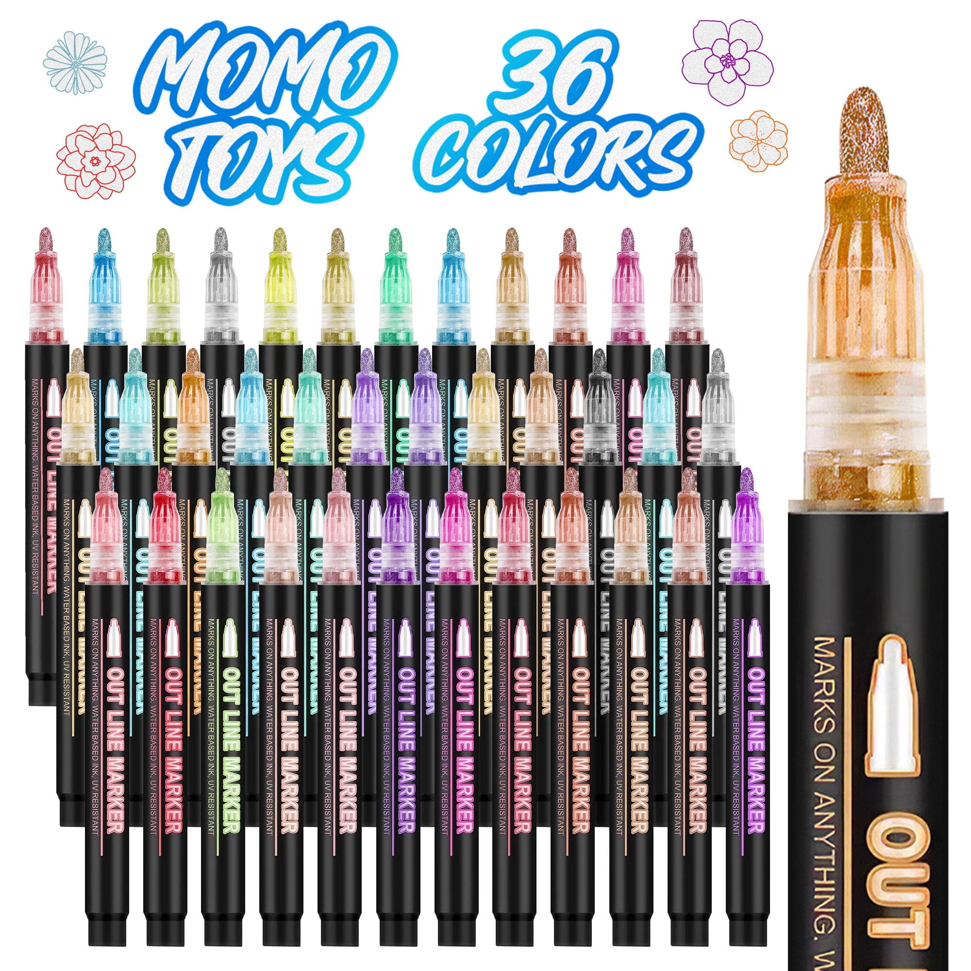 MOMOTOYS Shimmer Markers – 36 Glitter Outline Metallic Markers, Arts ...