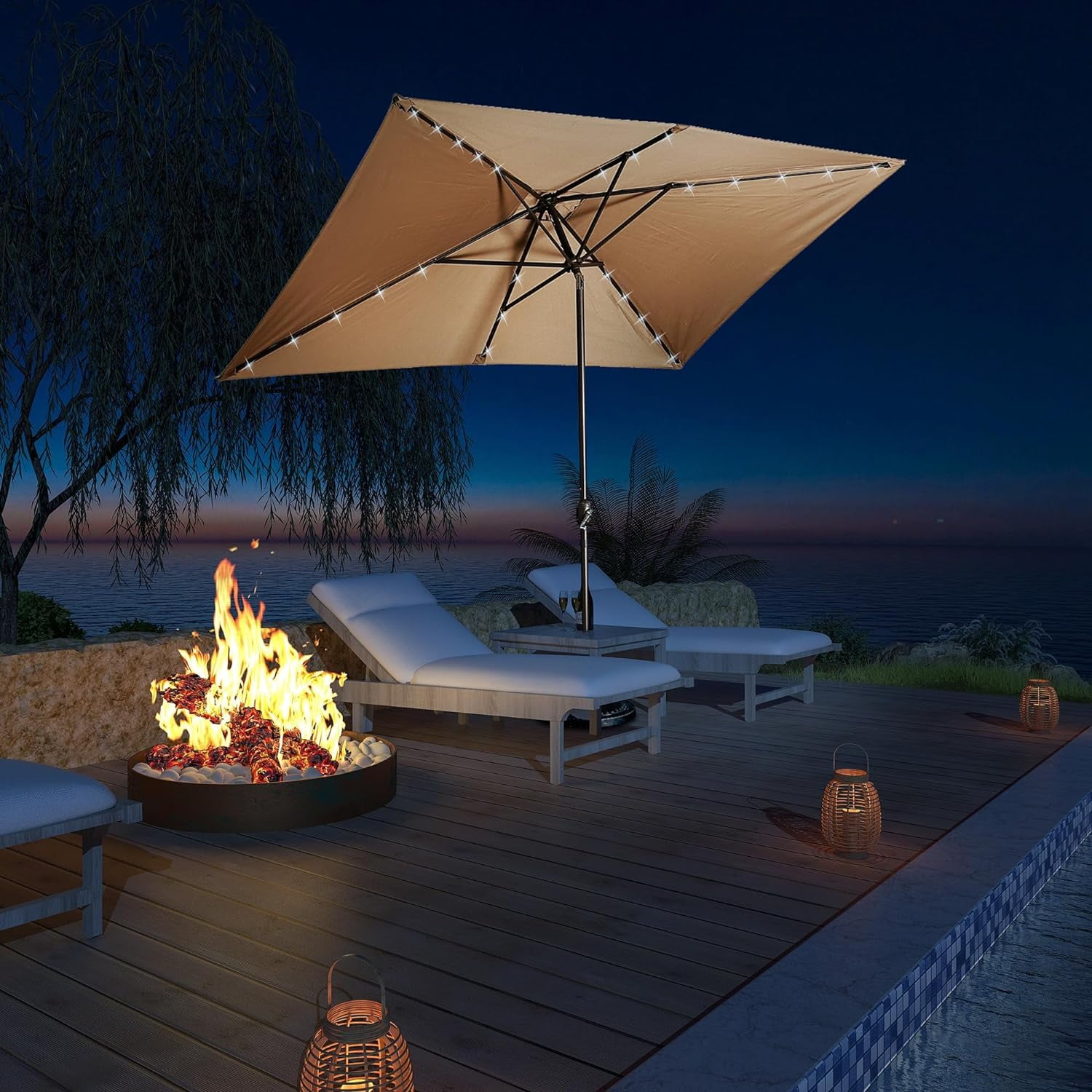 MONDAWE Rectangular Market Umbrella with Lights 10 x 6.5 FT Outdoor ...