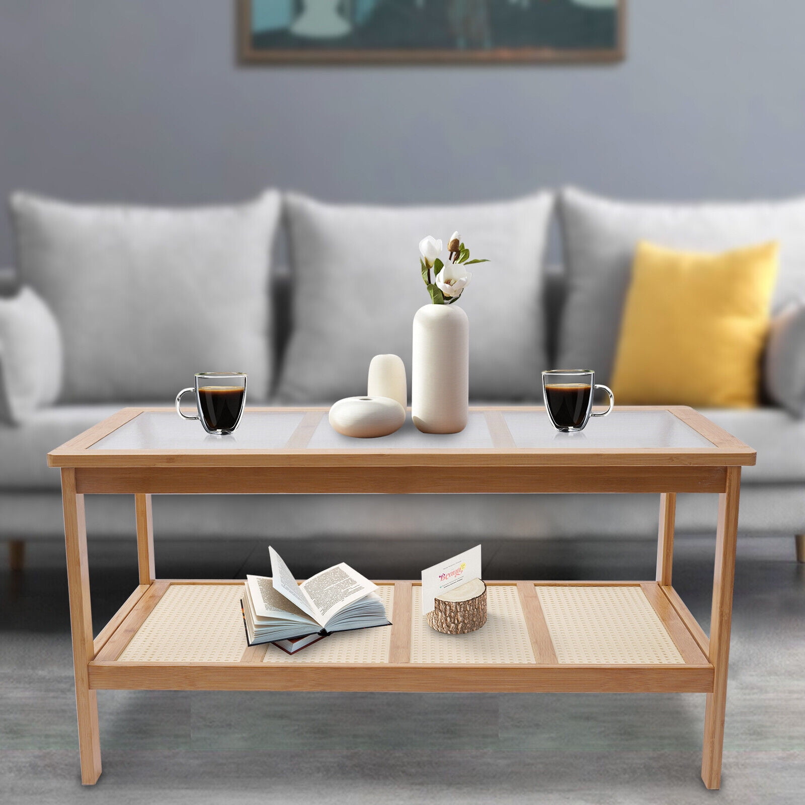 MONIPA 2 Layers Glass Top Rectangle Coffee Table Bamboo Sofa Side End ...