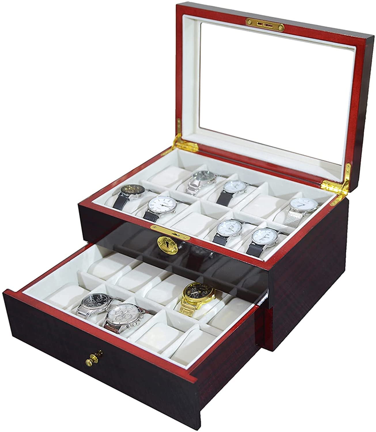 MONIPA 20 Slot Wooden Watch Box Jewelry Display Case, 2-Tier Lockable ...