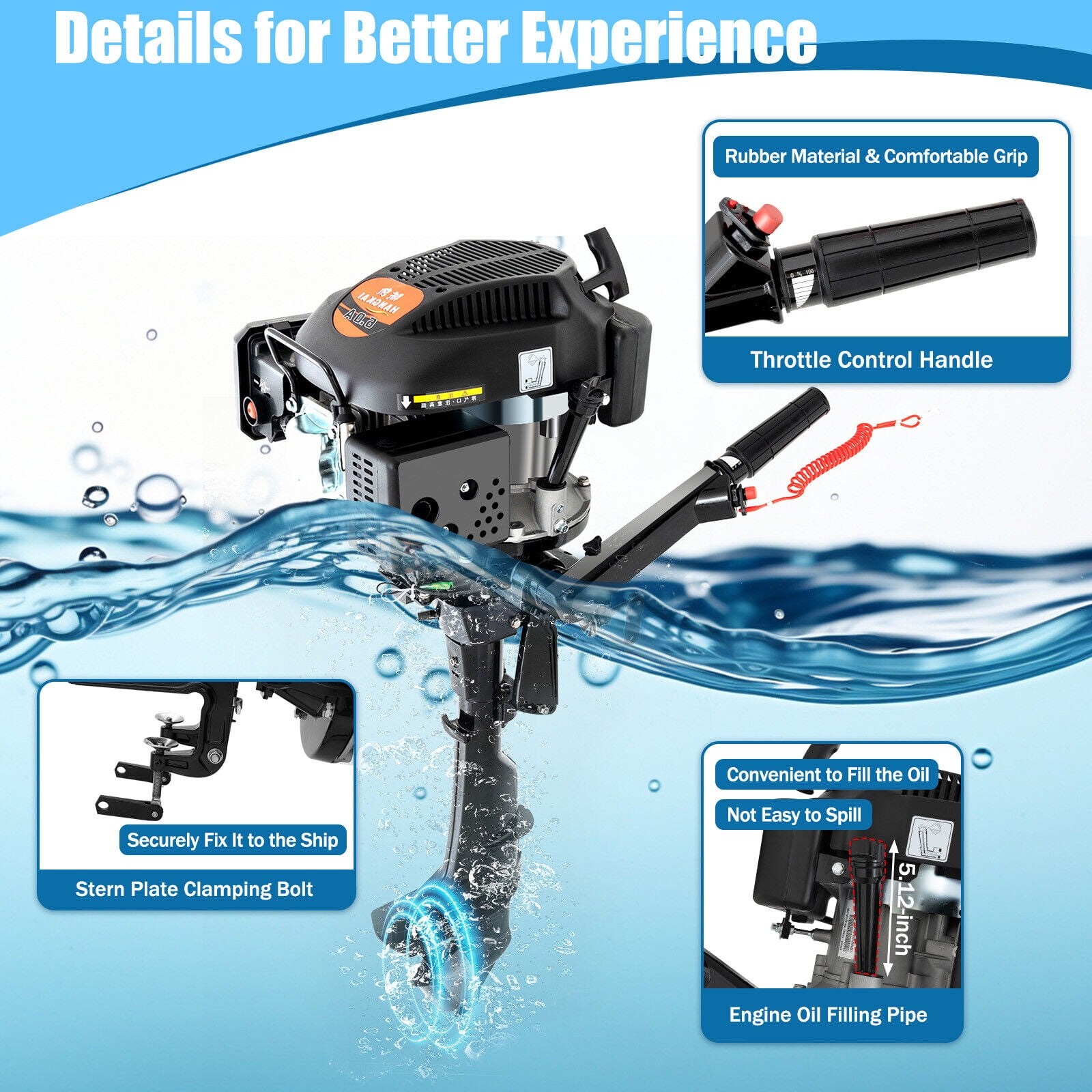 MONIPA Inflatable Fishing Boat Motor Improved Model Single Cylinder Air Cool Hand Pull 6.0HP ...