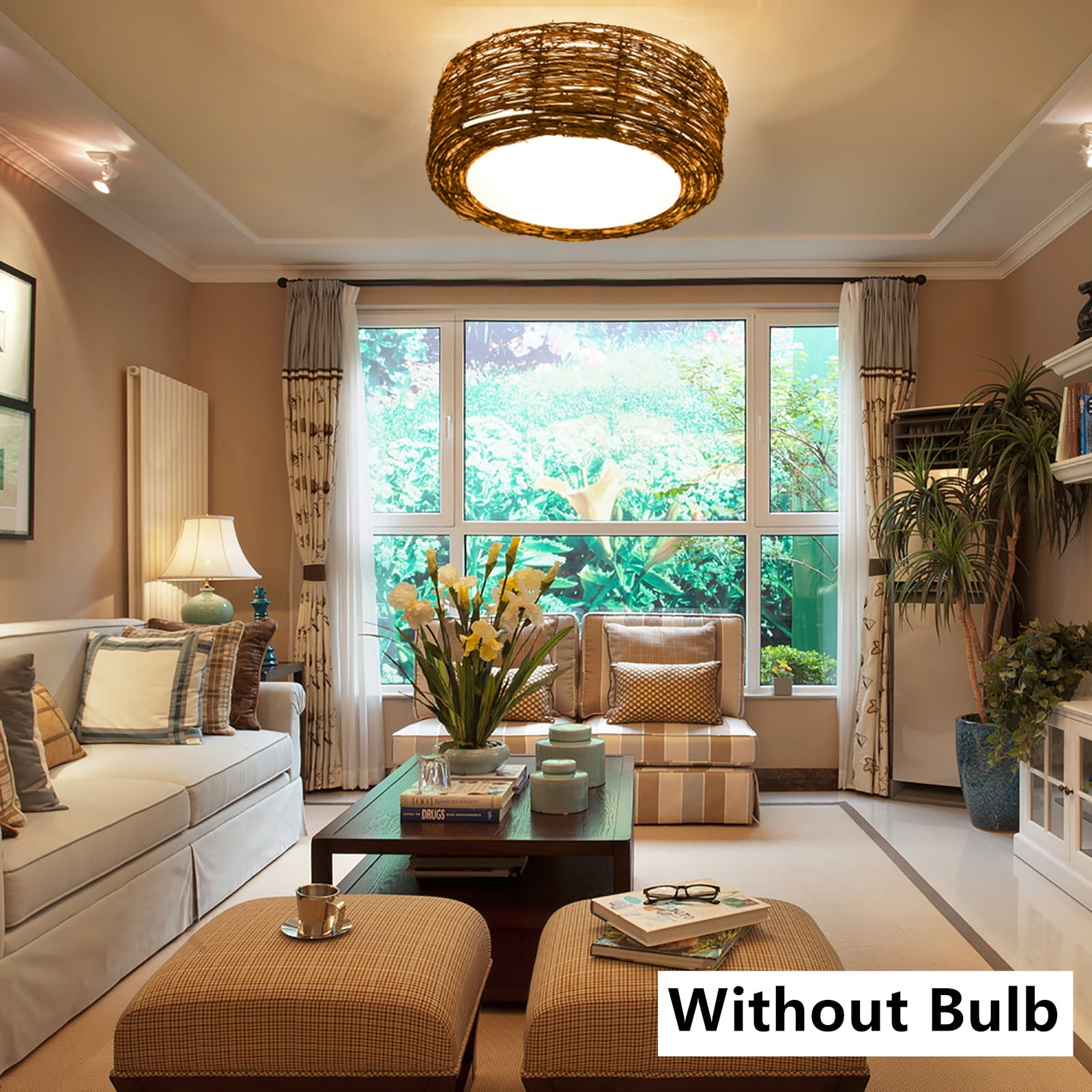 MONIPA Natural Material Modern Rattan Ceiling Light with Drum Shape for ...