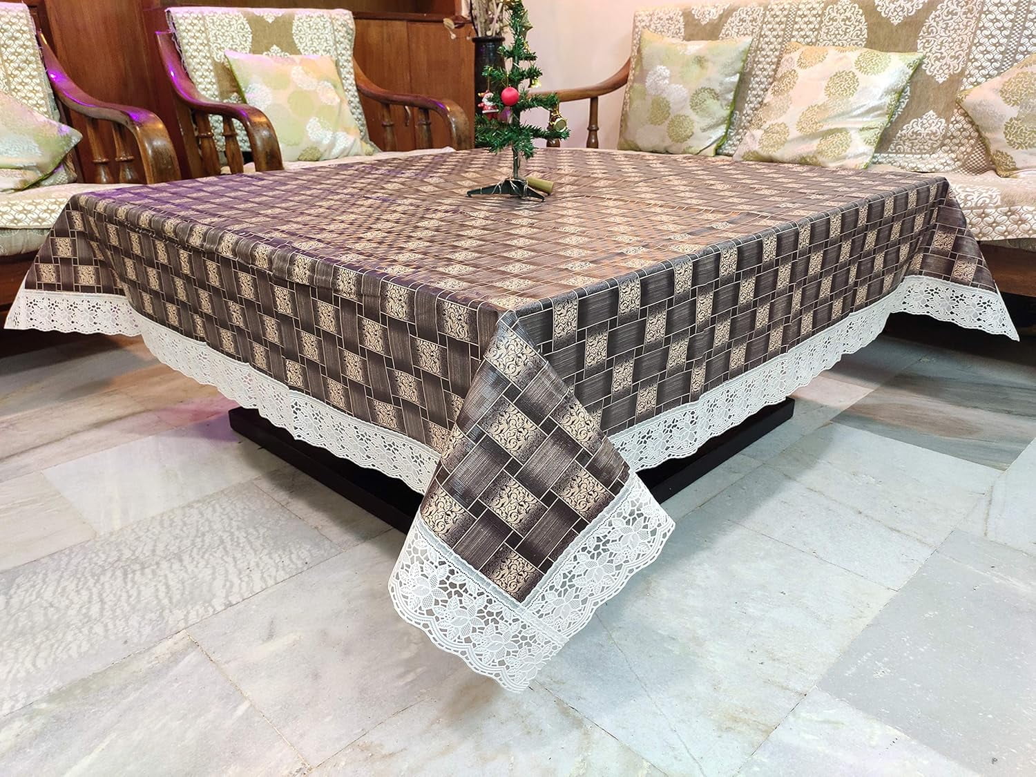 MONKDECOR Brown Check Design PVC Printed Centre Table Cover Design8 ...