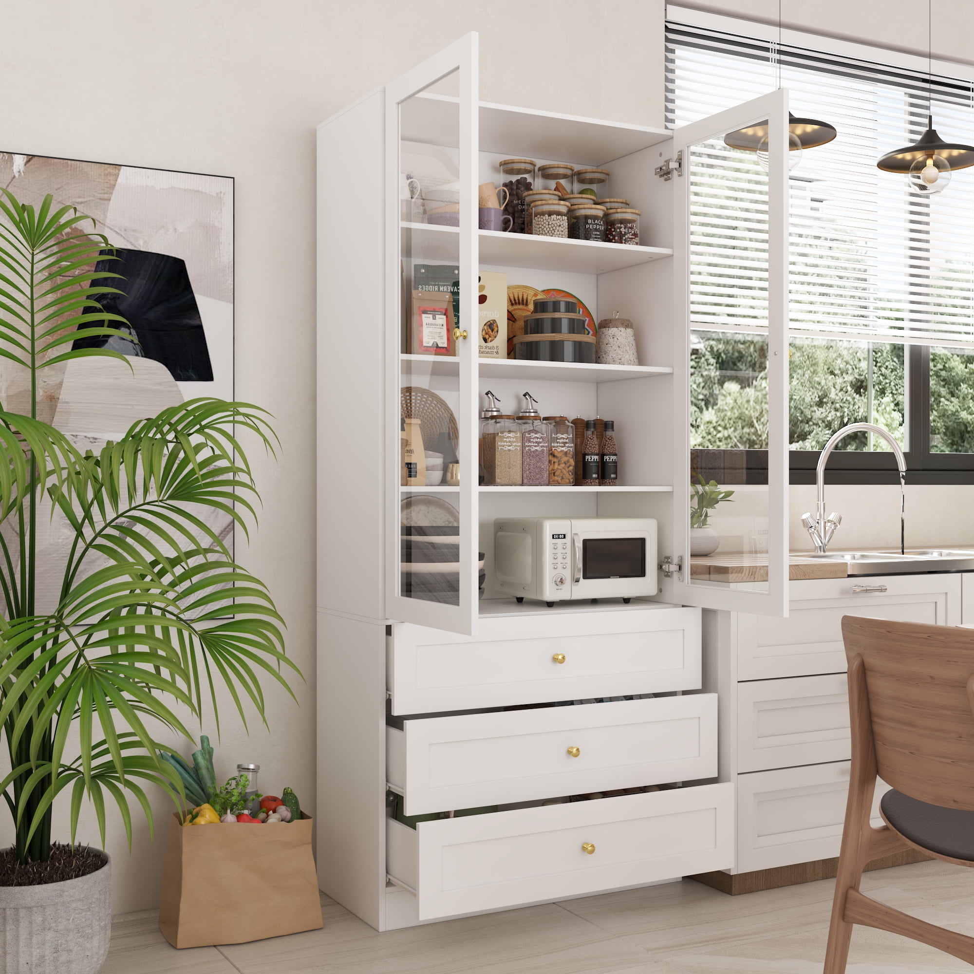 MONSLIPA 3-Drawer Kitchen Pantry Cabinet with Display Shelf, White, 70. ...