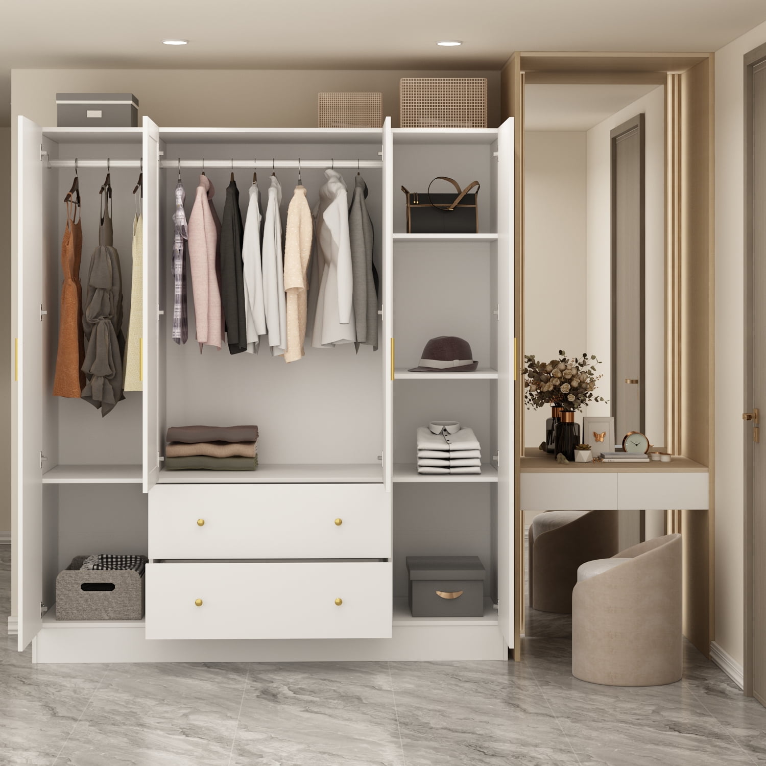 MONSLIPA 4-Door Wardrobe Amoire Closet with Mirror, 2 Drawers and ...