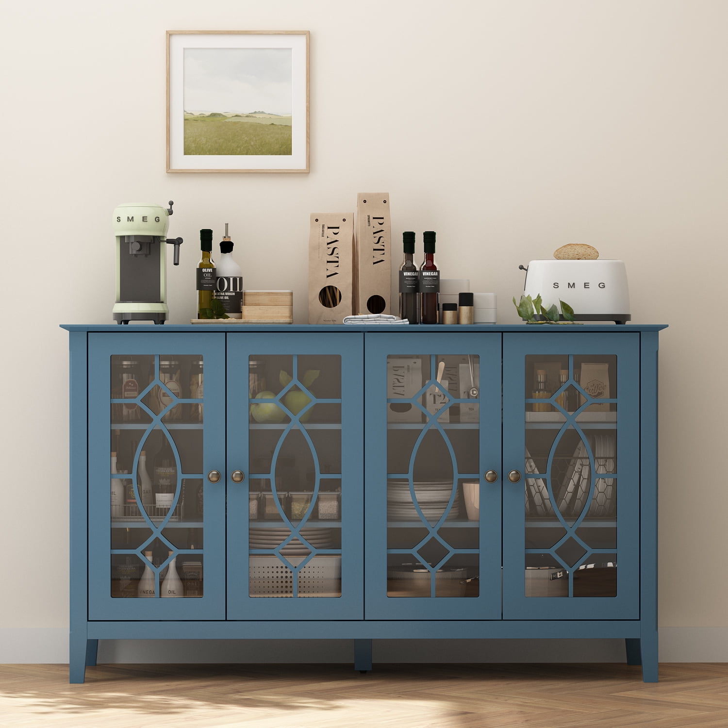 MONSLIPA Blue Buffet Sideboard with Glass Doors, Wooden Console Table ...