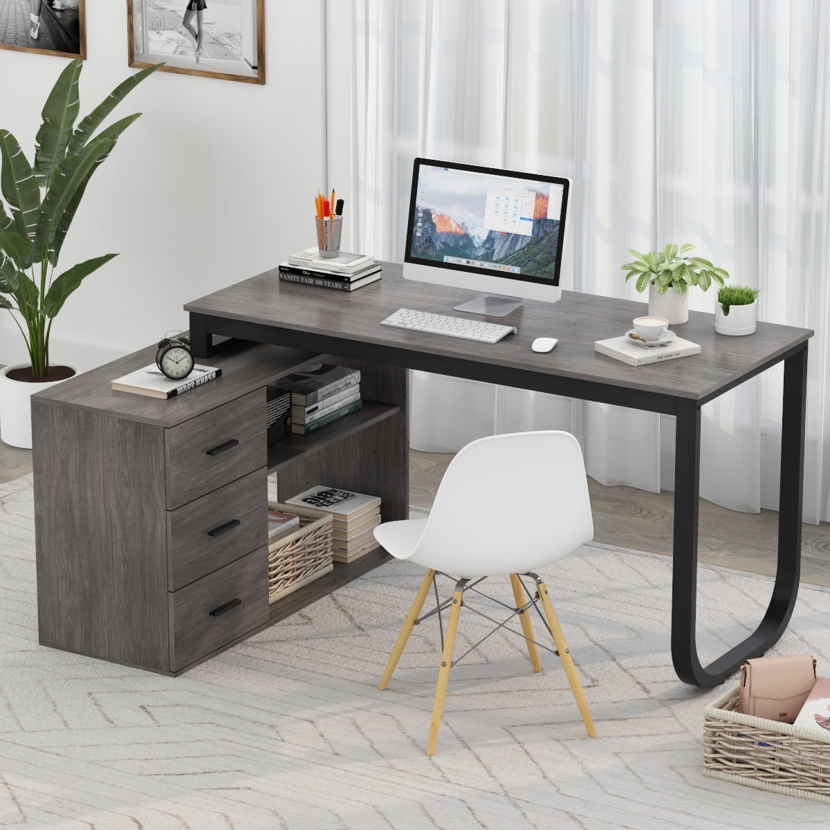 MONSLIPA L Shaped Desk Home Office Computer Table 55 with Storage Drawers Shelves Drak Gray Walmart