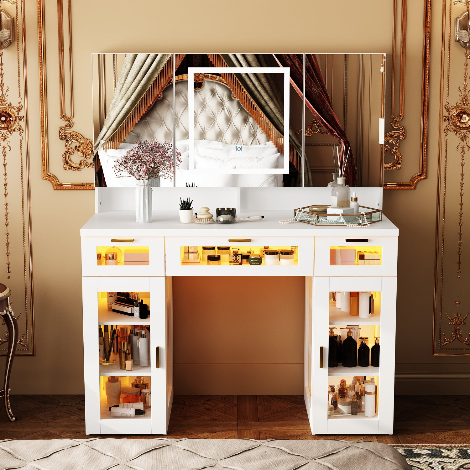 MONSLIPA Modern Dressing Vanity Table with Lighted Mirror, 3 Drawers ...