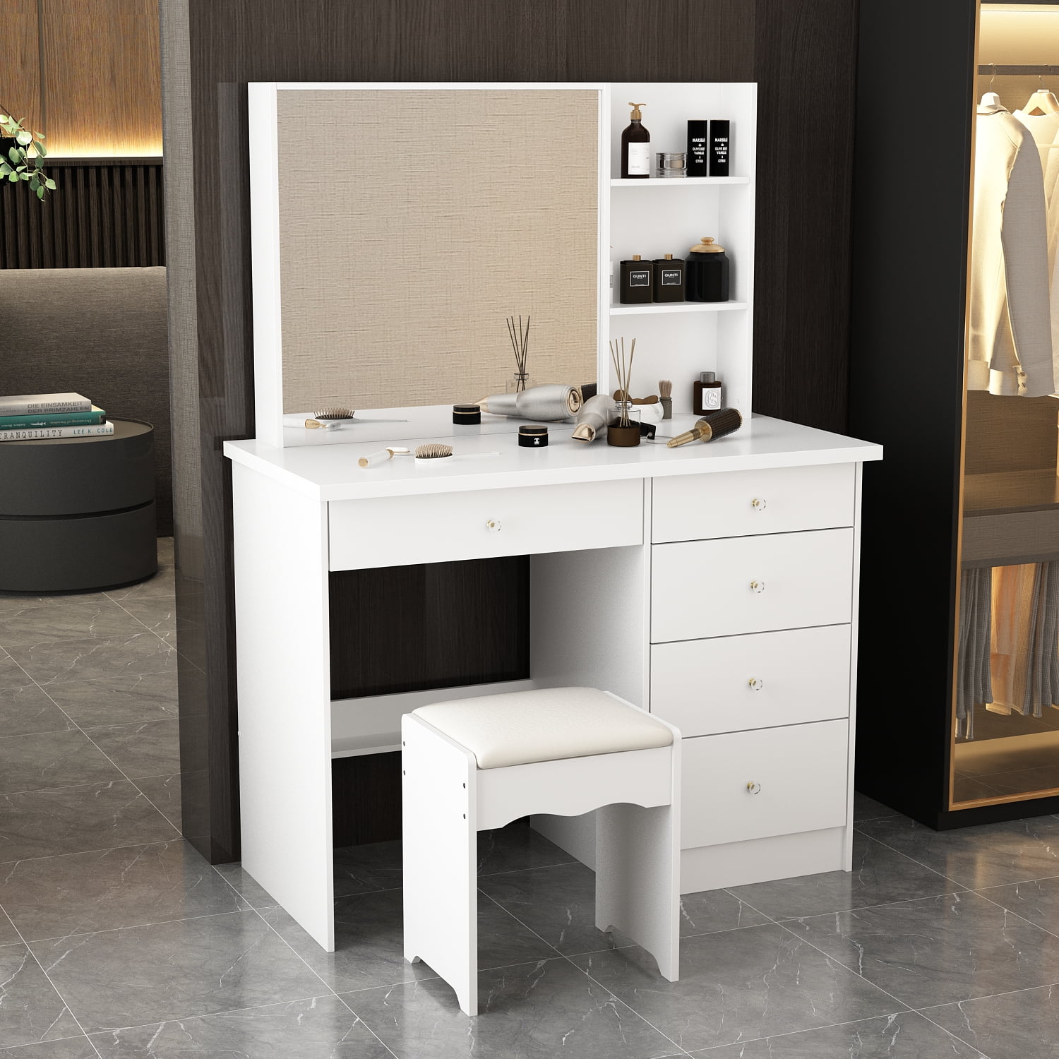 MONSLIPA Modern Vanity Table with Mirror , 5 Drawers and Storage ...