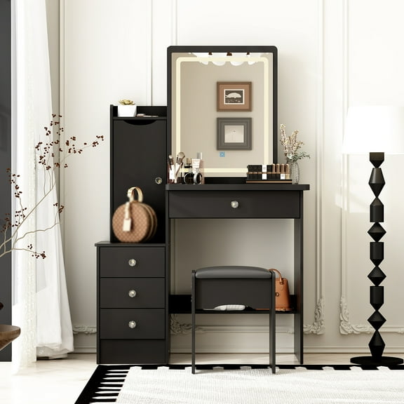 Black Vanity Desk with Mirror and Lights, Modern Makeup Vanity Table ...