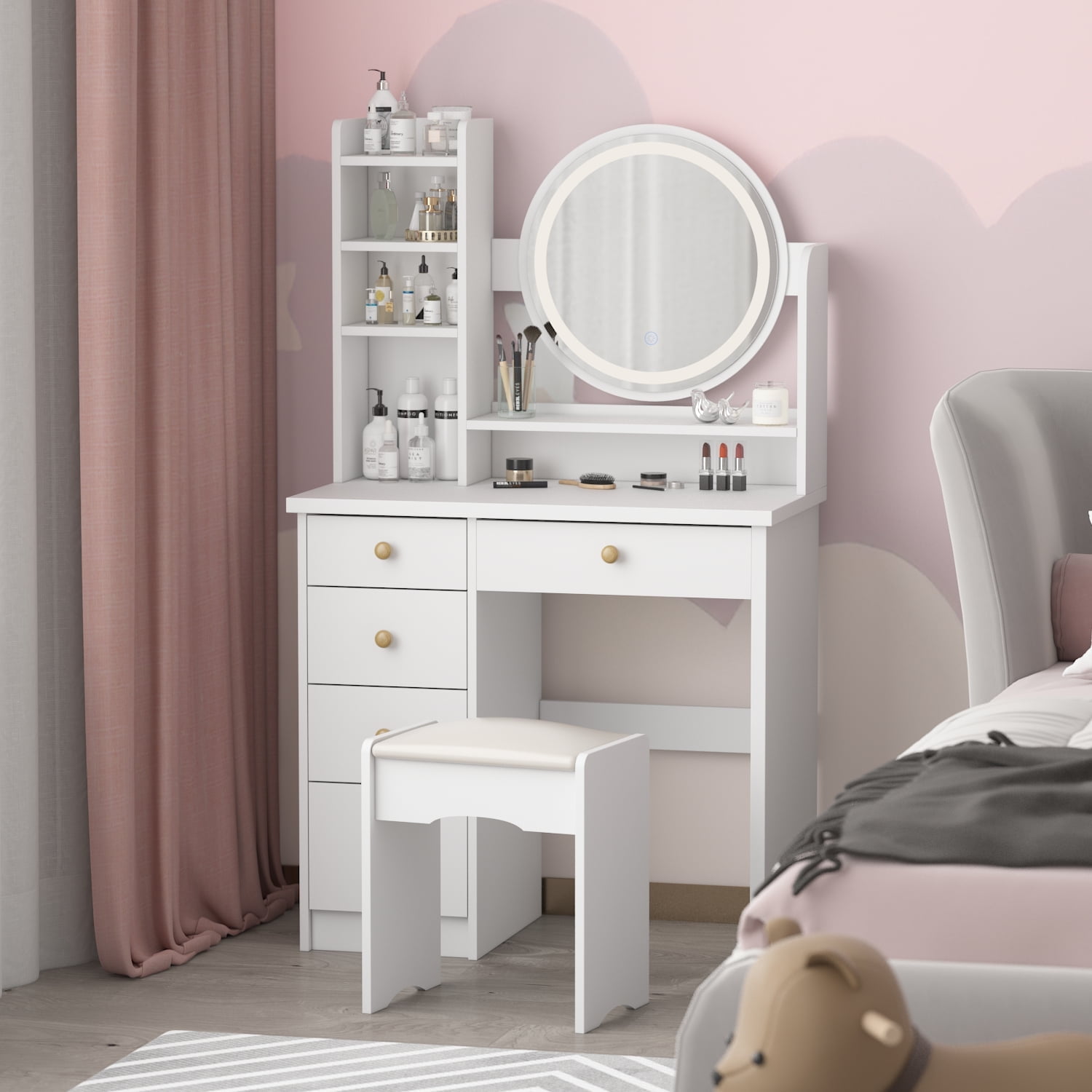 MONSLIPA Vanity Set with Round Mirror, Makeup Vanity Dressing Table ...